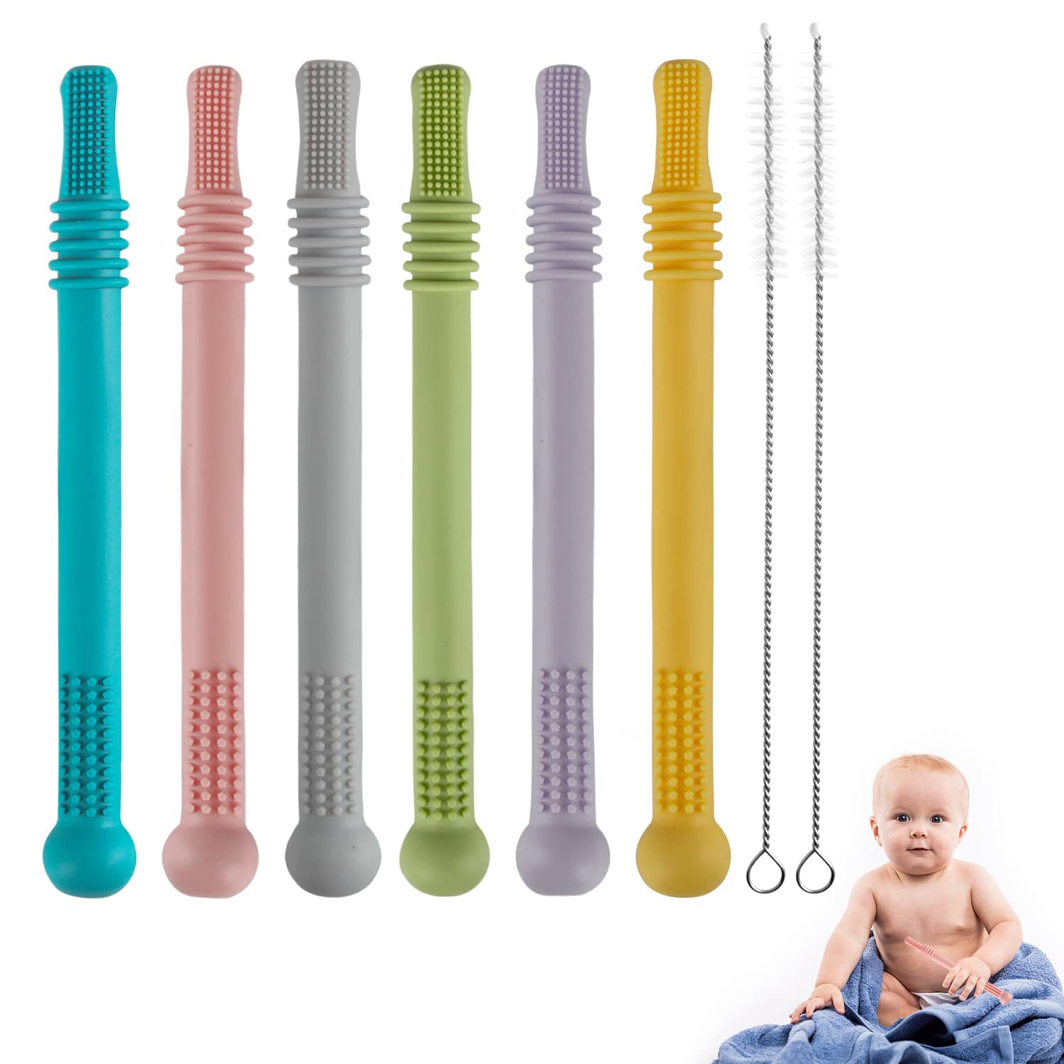 Baby Teether Safe Silicone Chewy Straw Toy Multi-color Baby Molar Stick ...