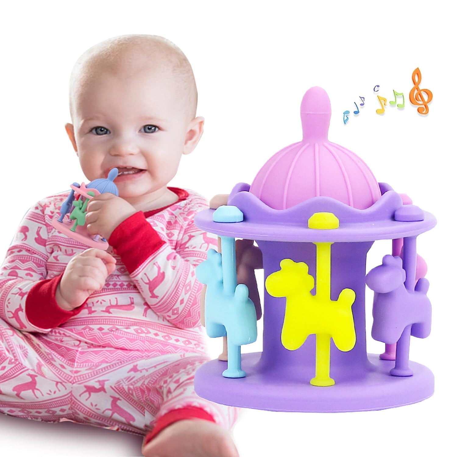 Baby Teething Toys for Babies 0-6 Months, Carousel Rattle Teether, Food ...