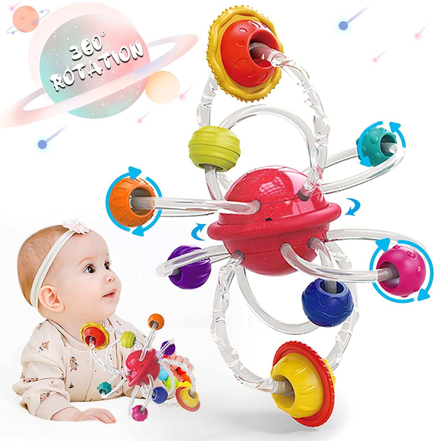 Baby Teething Toys for Babies 6 12 18 Months Textured Planet Hand Catching Ball Hand Teether Baby Rattle Toy 6 to 12 Month Multi Sensory Learning Infant Loop Toy Ball Baby Girl Boy Gift