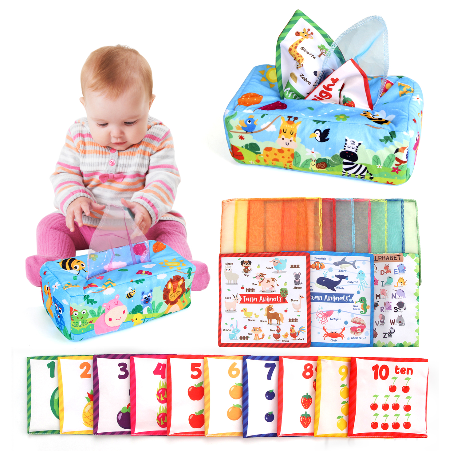 Infant Sensory Tissue Box Toy: Soft, Educational, Pull-Along, Crinkle ...