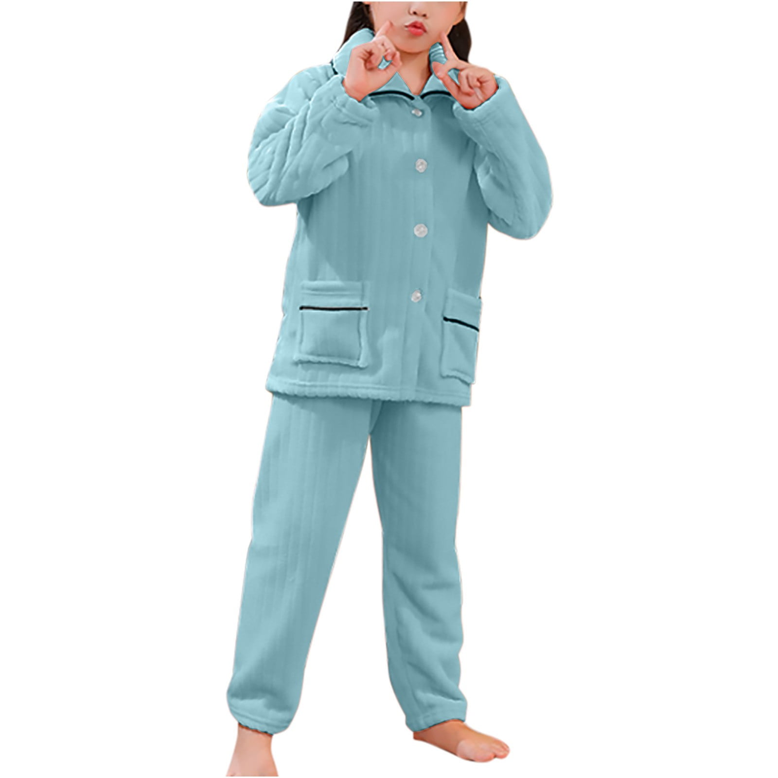 Baby Toddler Fleece Pajamas 2 Pcs Set Solid Color Button Down Sleepwear ...