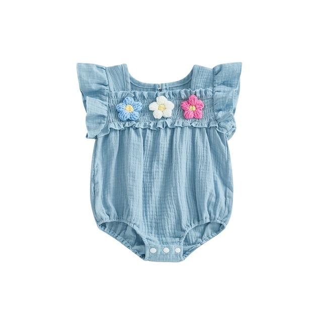 Baby Toddler Girl Romper 3 6 9 12 Months Smocked Flower Embroidery Flying Sleeve Newborn ...