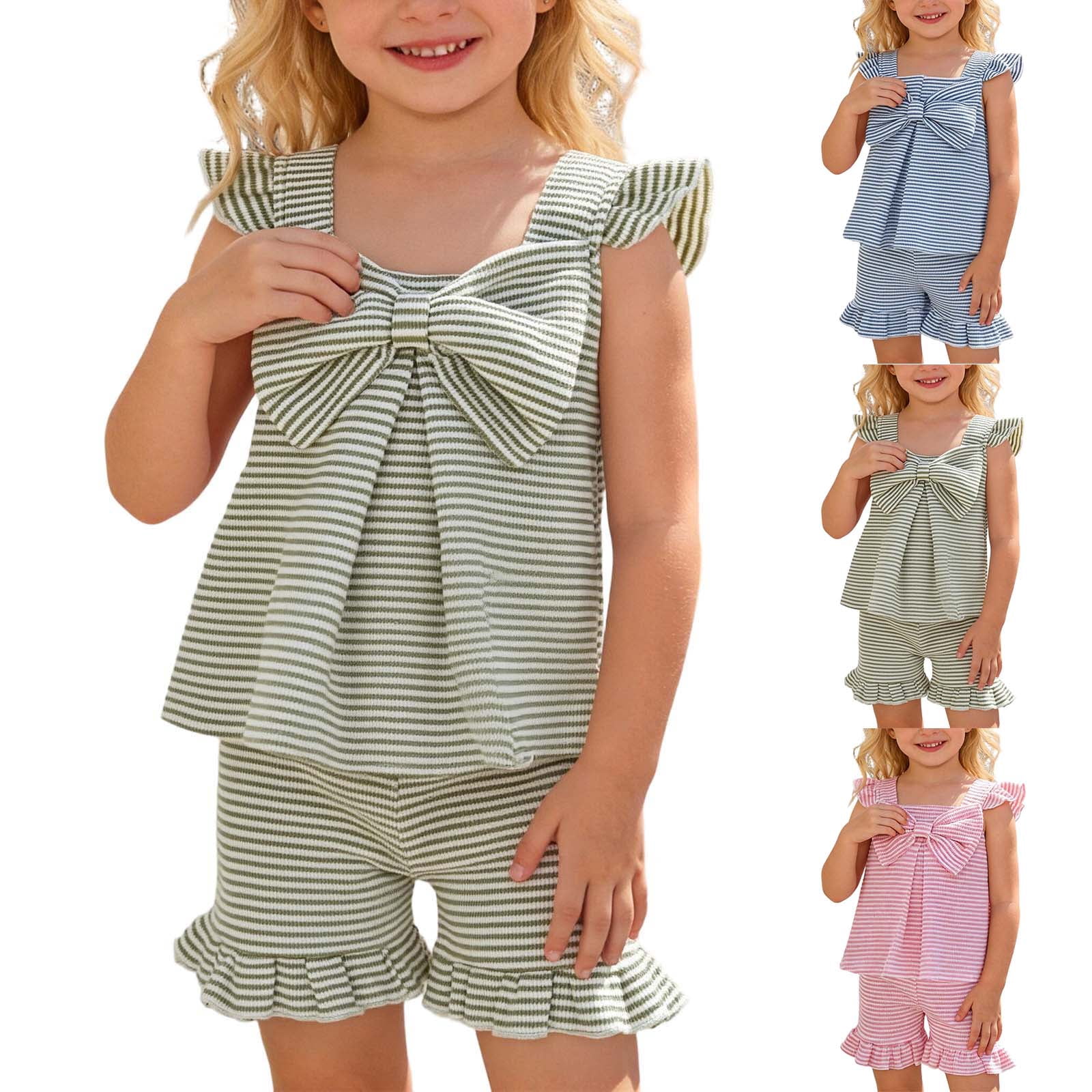 Baby Toddlers Summer Outfits for Kids Ruffle Sleeve Bow Top and Shorts ...