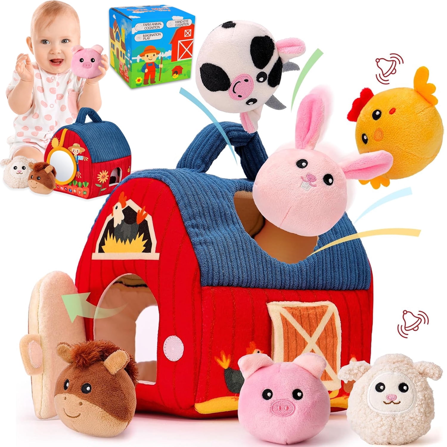 Baby Toys 6-12 Months, Stuffed Farm Animals with Barn, Rattle, Mirror ...