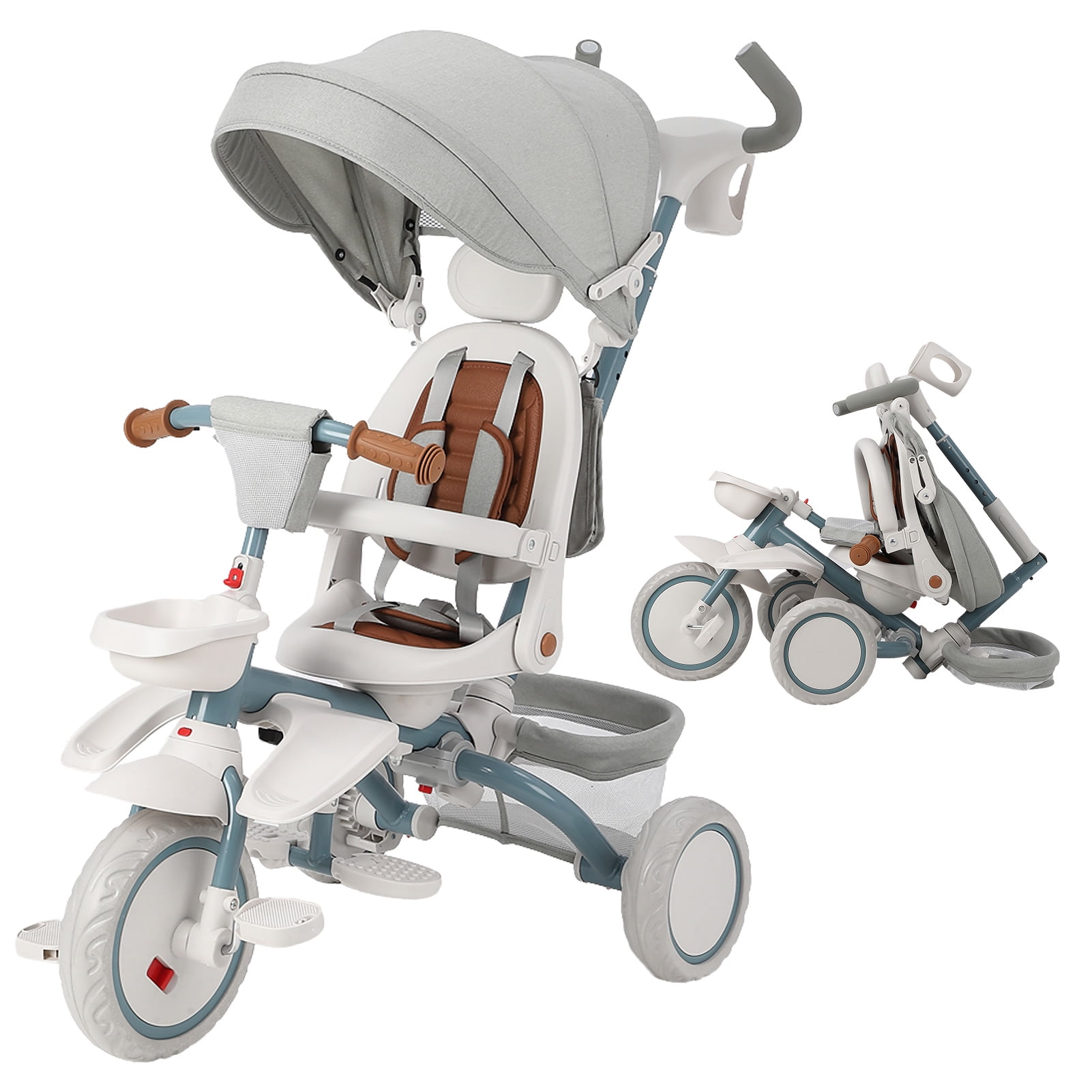 Baby Tricycle, 7 in 1 Folding Toddler Bike w/Removable Adjustable Push ...