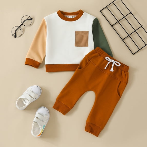 Baby Unisex Spring Patchwork Ribbed Long Sleeve Pants Sweatshirt ...