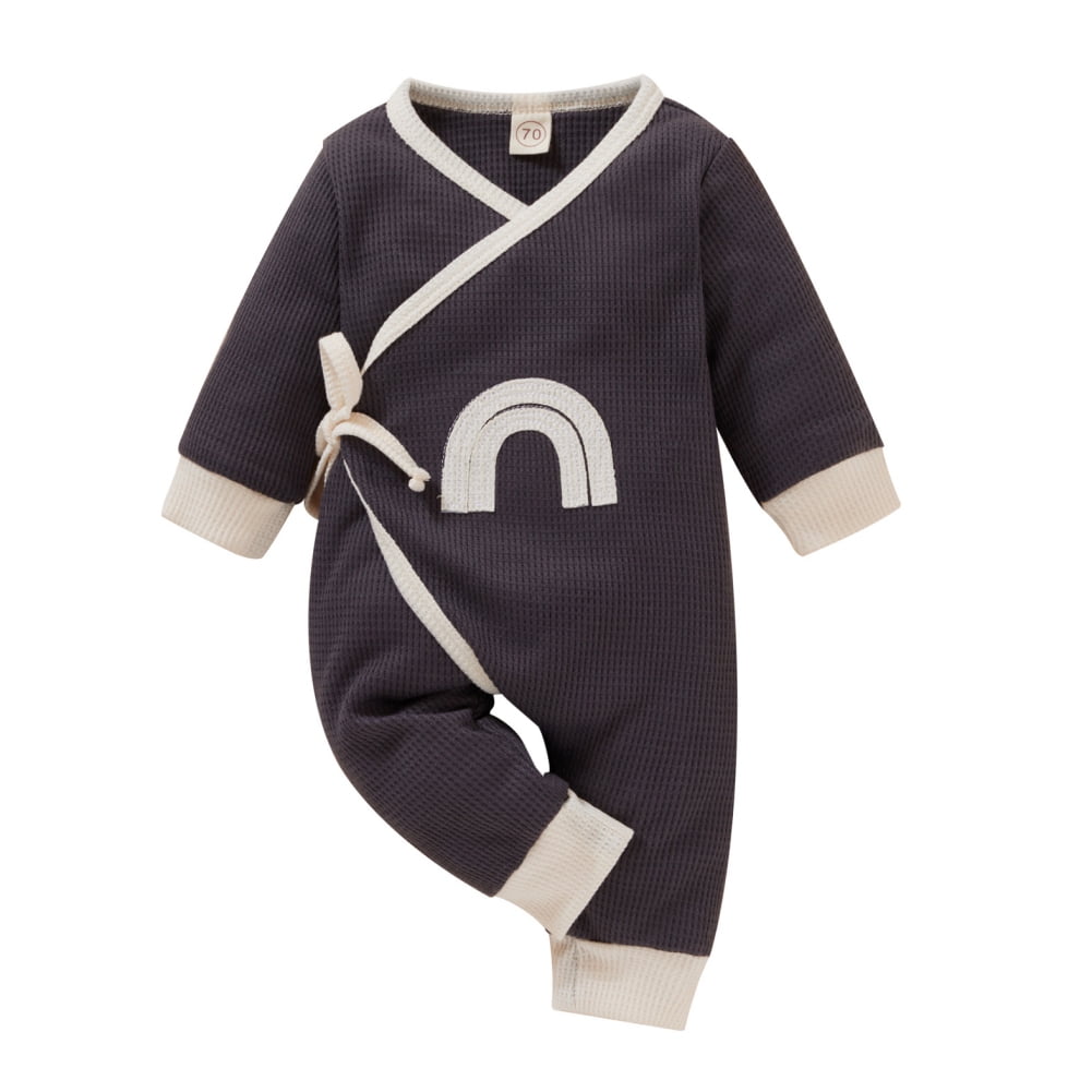 Baby Waffle Romper Rainbow Print Harness Diagonal Lace-up Jumpsuit V ...