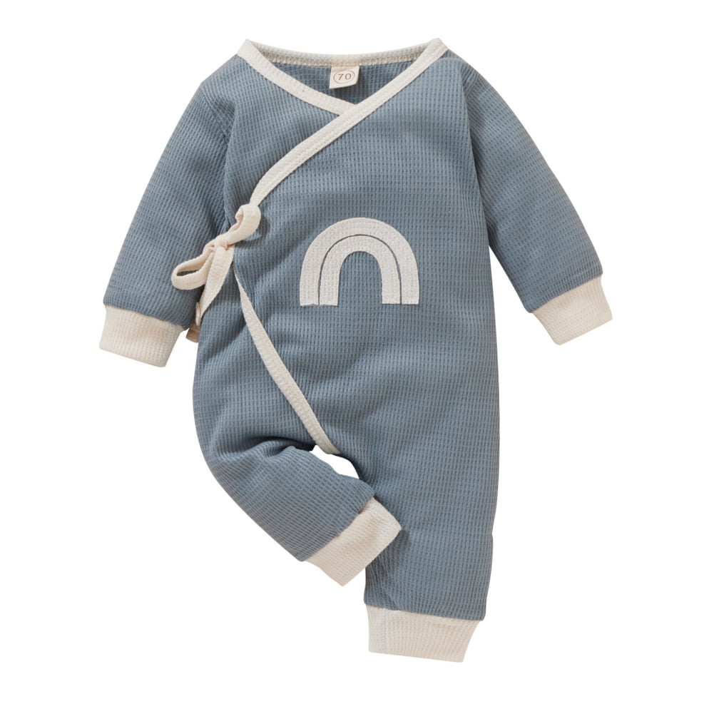 Baby Waffle Romper Rainbow Print Harness Diagonal Lace-up Jumpsuit V ...