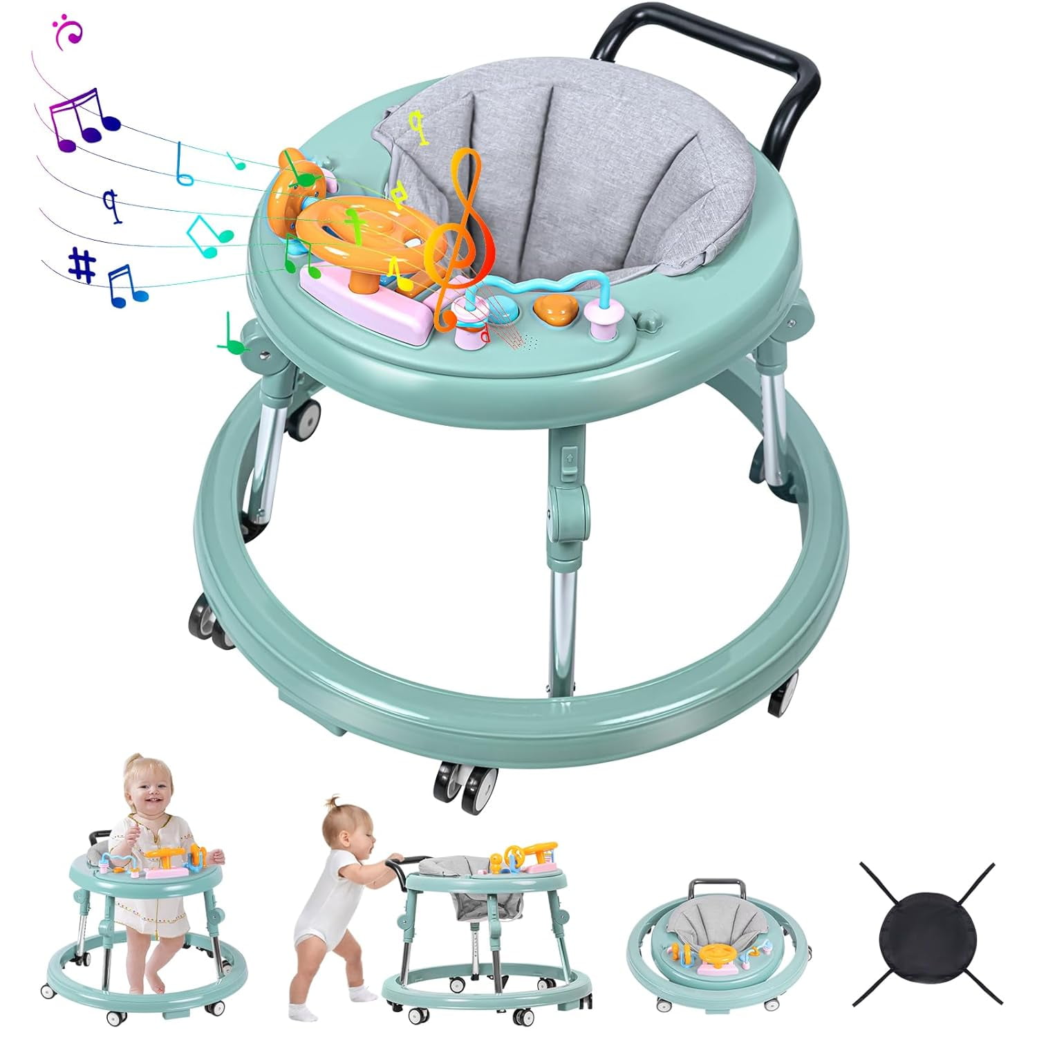 Baby Walker, Foldable 9-Gear Height Adjustable Baby Walker with Wheels ...