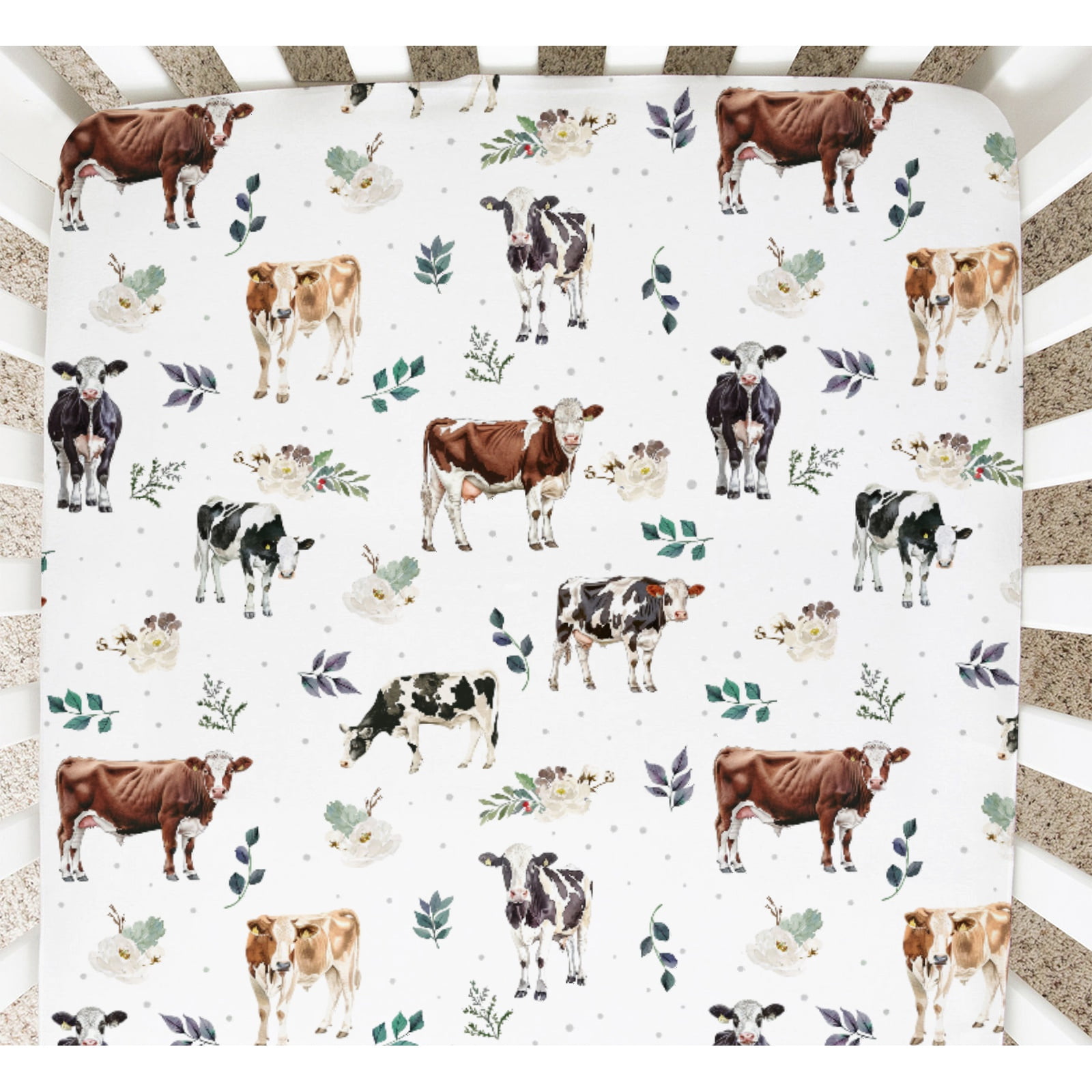 Baby Watercolor Cows Boho Leaves Crib Sheet for Girl Boy Farm Animal ...