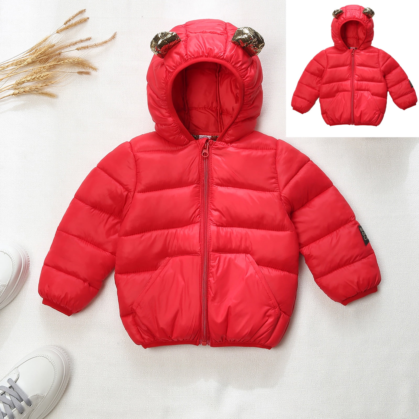 Baby Winter Coat Toddler Puffer Coat Cute Red Bear Ear Hooded Jackets with Pockets Thicken ...