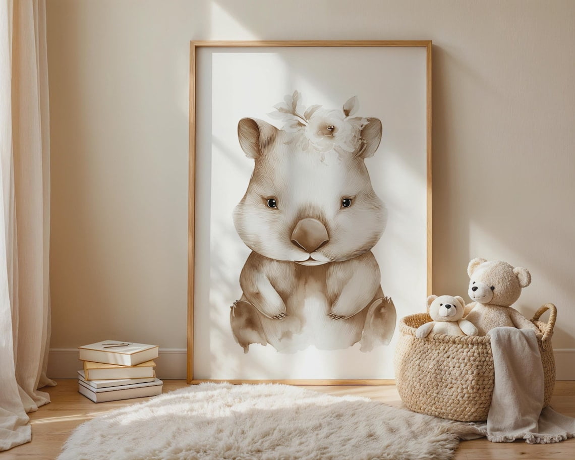 Baby Wombat Watercolor Sepia Floral Crown Poster Unframed Paper Print ...