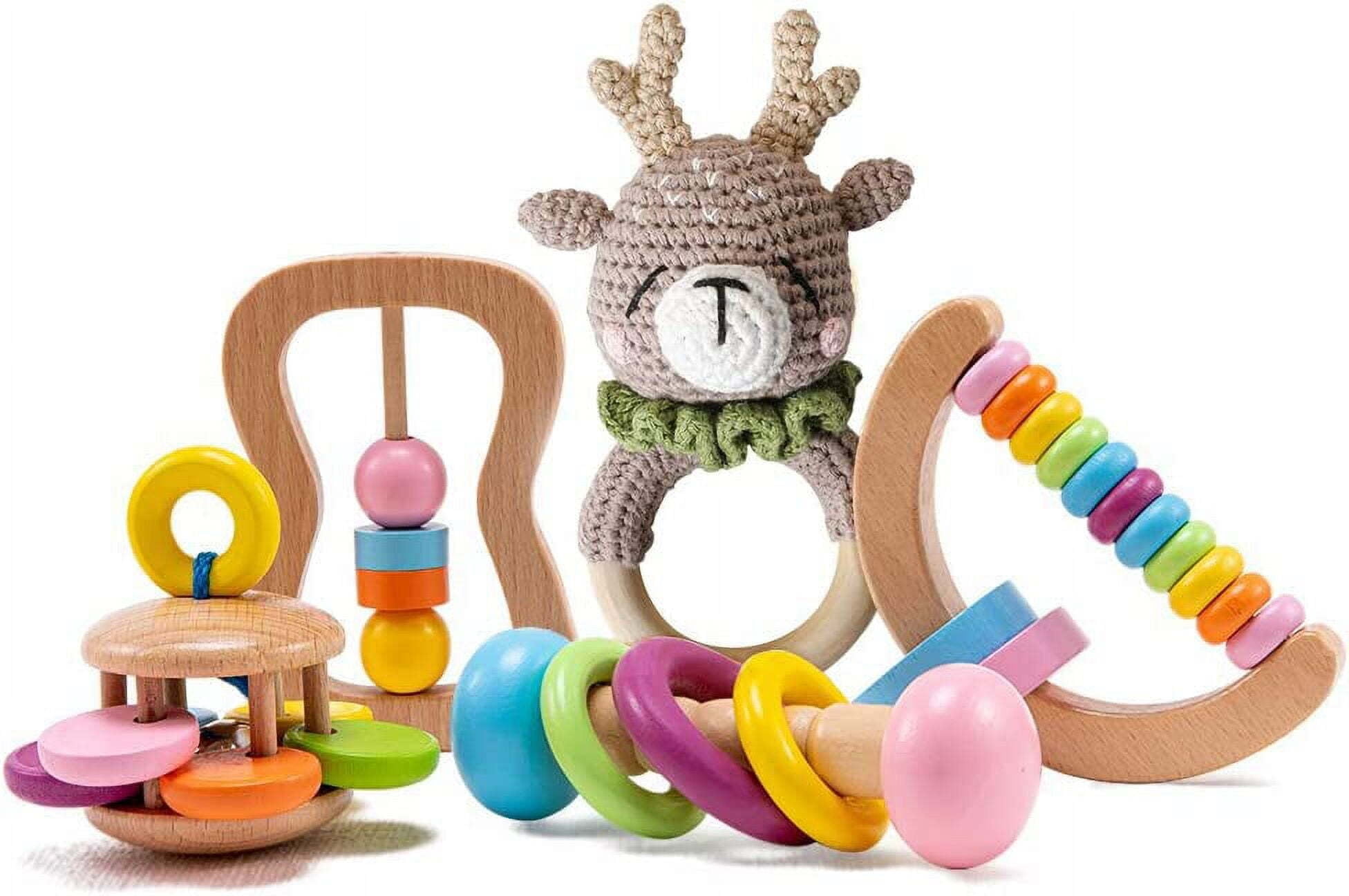 Baby Wooden Rattle-5PCS Natural Crochet Giraffe Organic Montessori Wood ...
