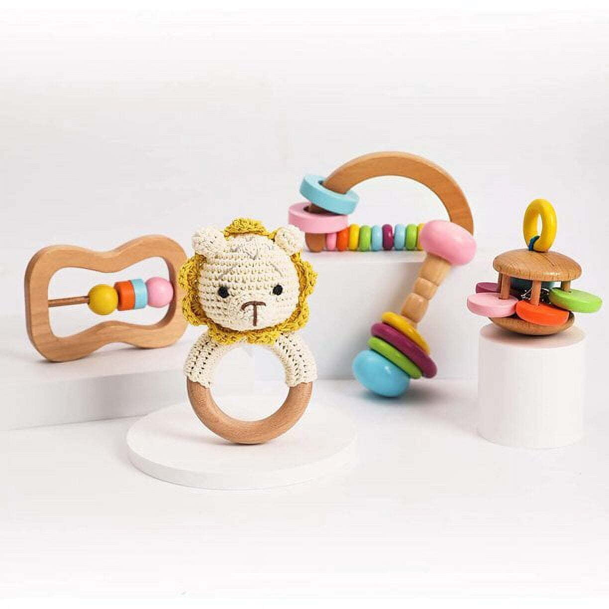 Baby Wooden Rattle-5PCS Natural Crochet Giraffe Organic Montessori Wood ...