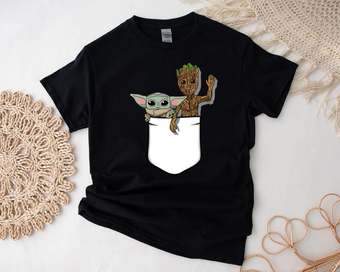 Baby Yoda Groot Cute Sci-Fi Mashup Fan Art T-Shirt, for men & women, up ...
