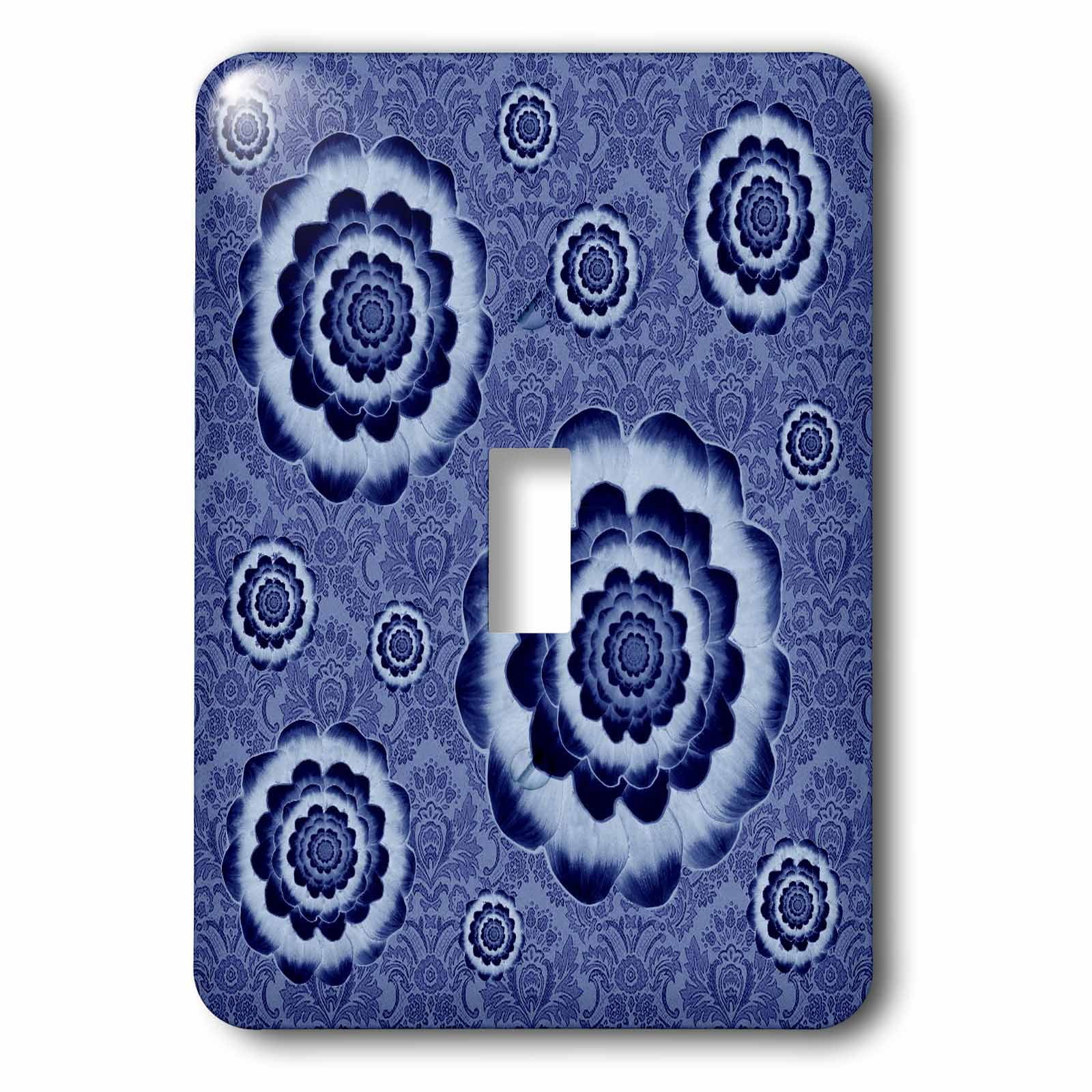 Baby blue and navy flowers on denim blue damask background single ...