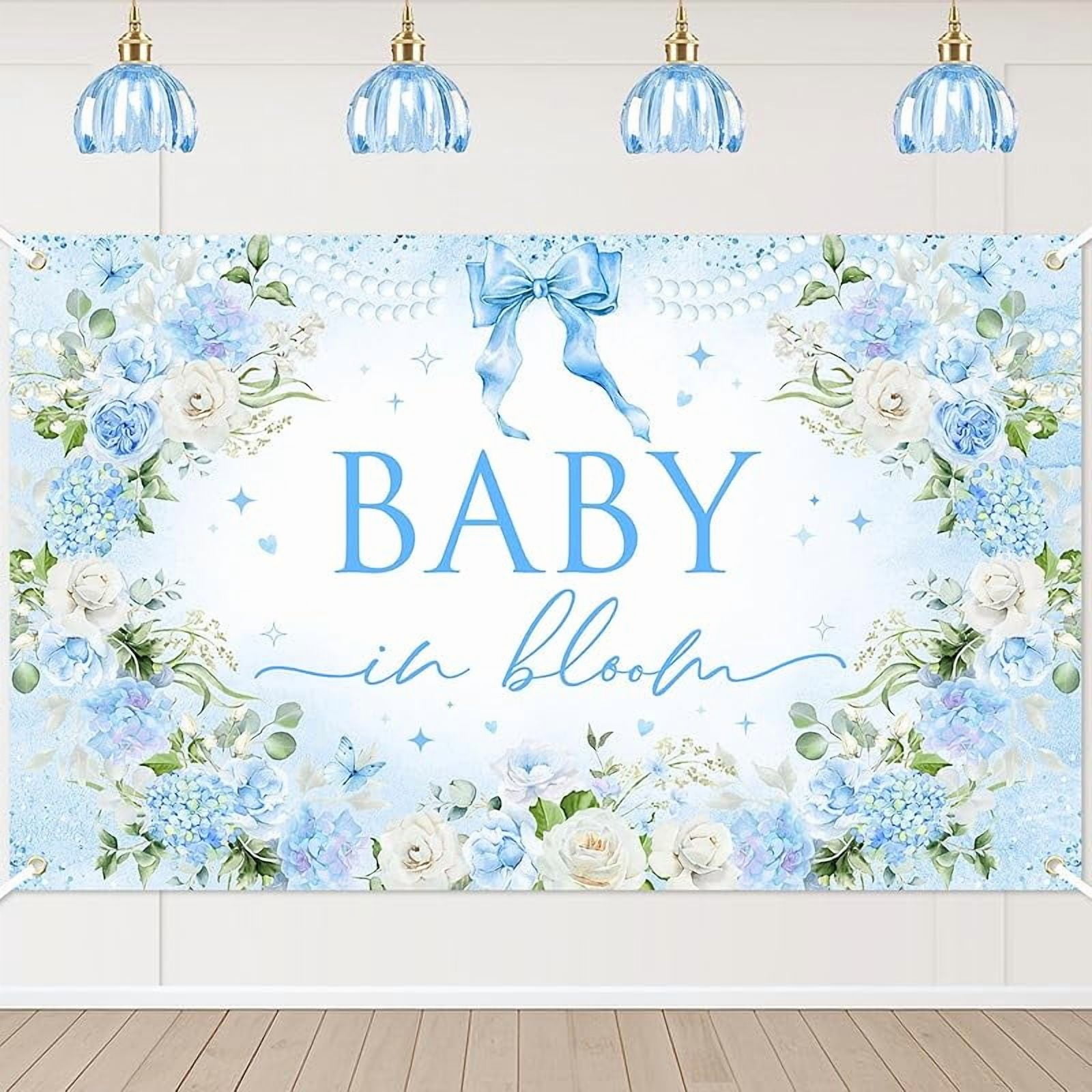 Baby in Bloom Backdrop Blue Bow Floral Baby Shower Photography ...