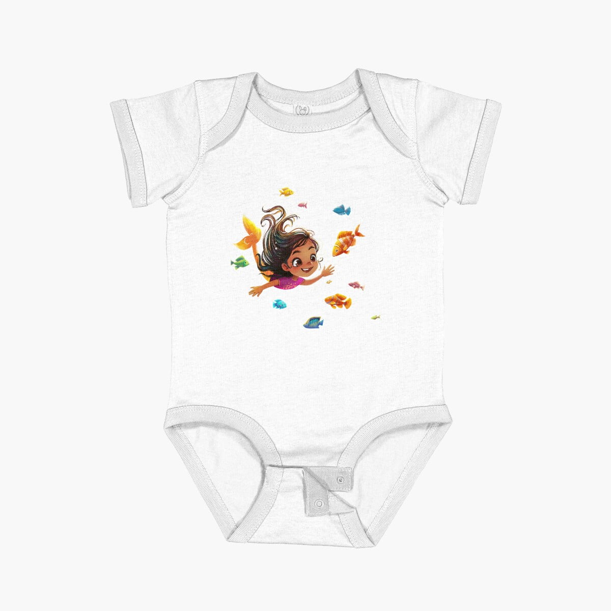 Baby mermaid girl swimming underwater with fish and corals Short Sleeve ...