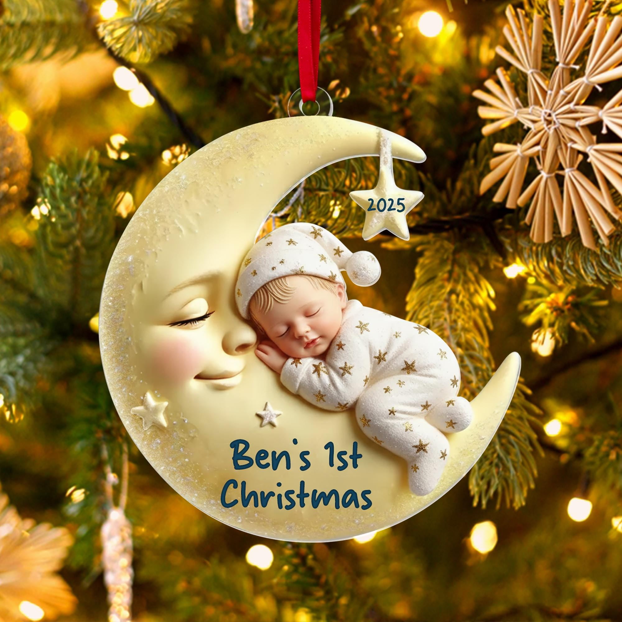 Baby on Moon First Christmas 2D Flat Ornament 2025 + Personalized 1st ...