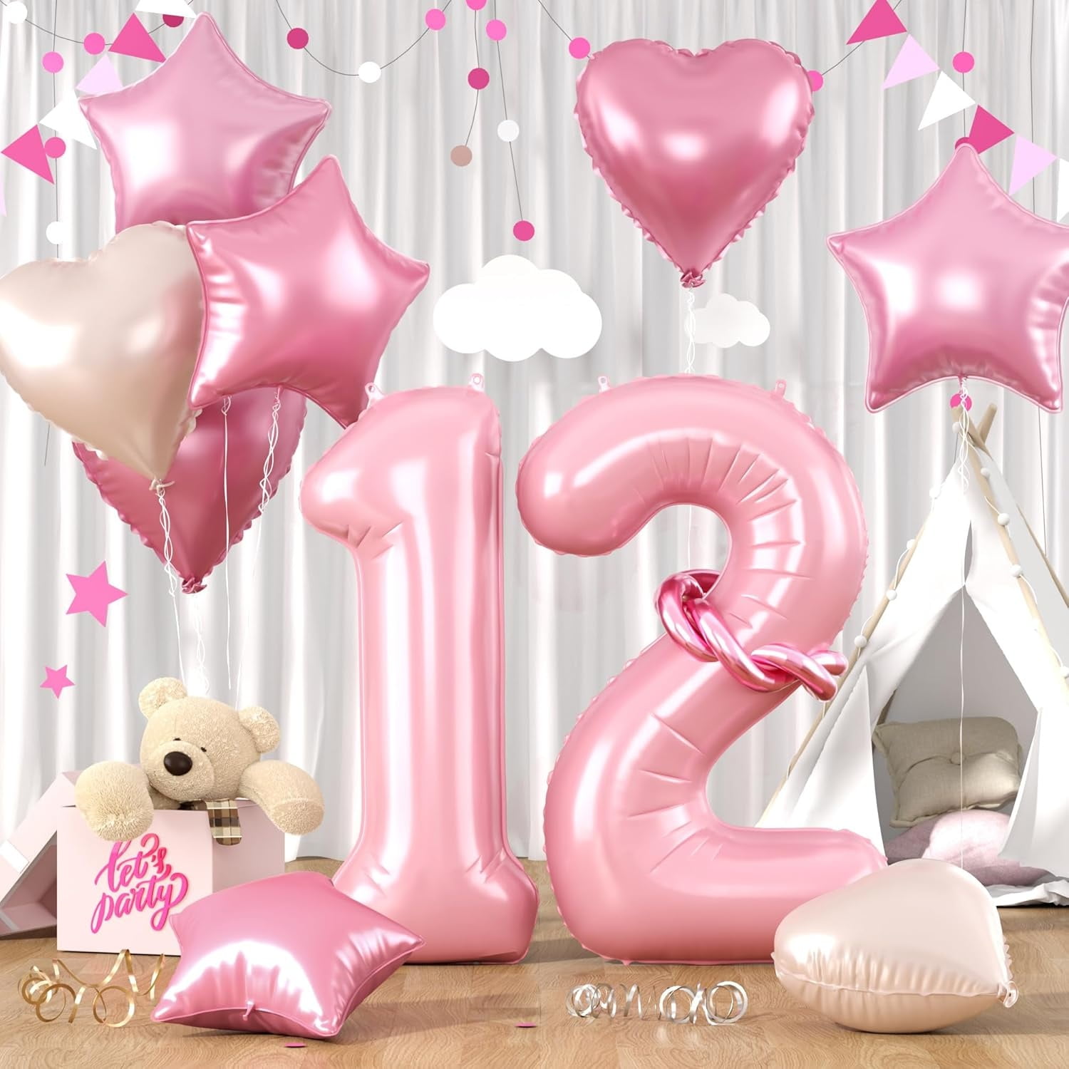 Baby pink 12 number balloons, Pink number 12 balloon set, pink foil ...