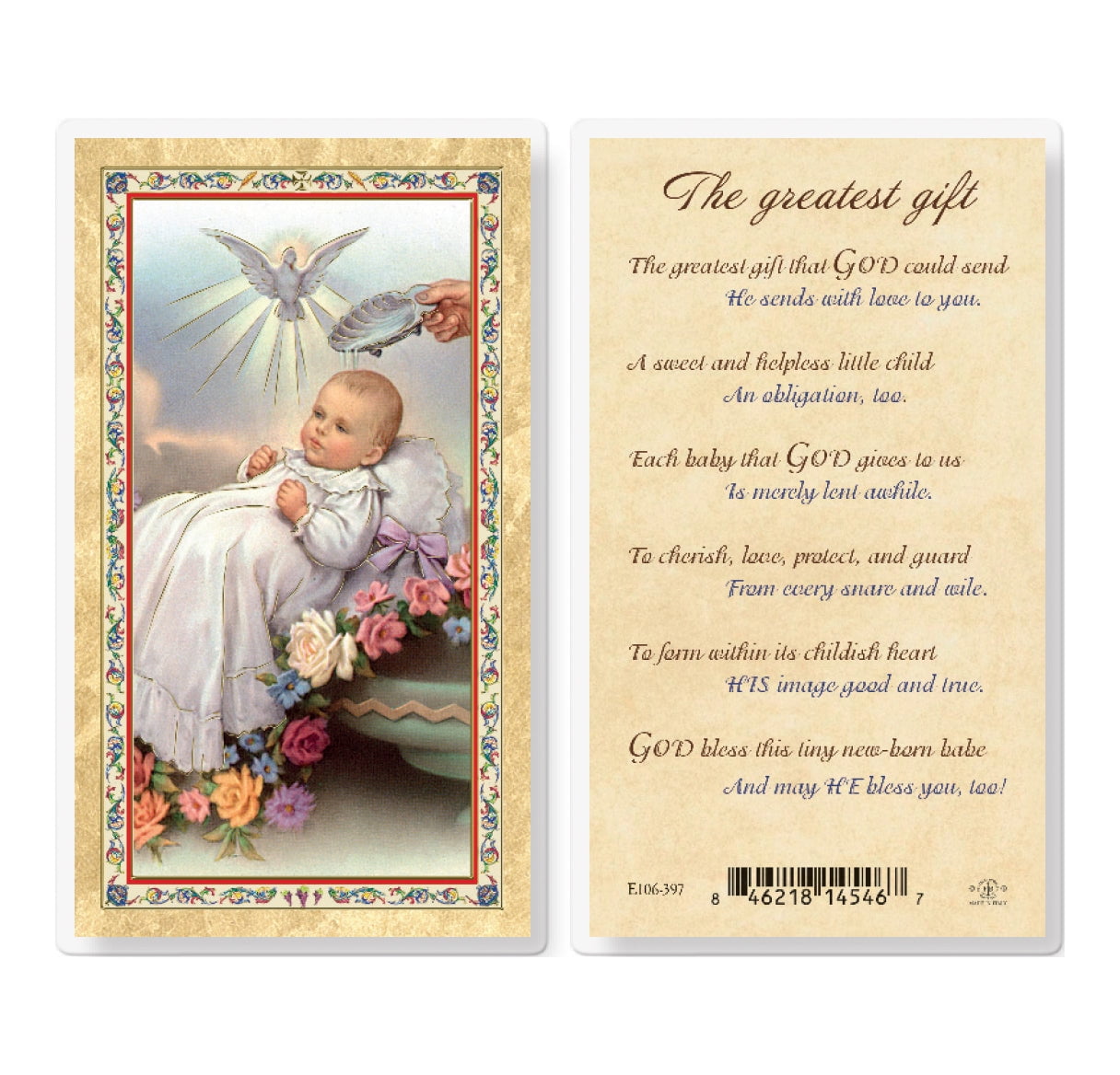 Baby's Baptismal Gold-Stamped Laminated Catholic Prayer Holy Card with Prayer on Back, Pack of ...