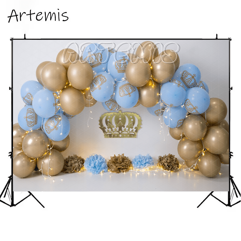 Baby's Birthday Cake Smash Photography Backdrop Blue Golden Balloons ...