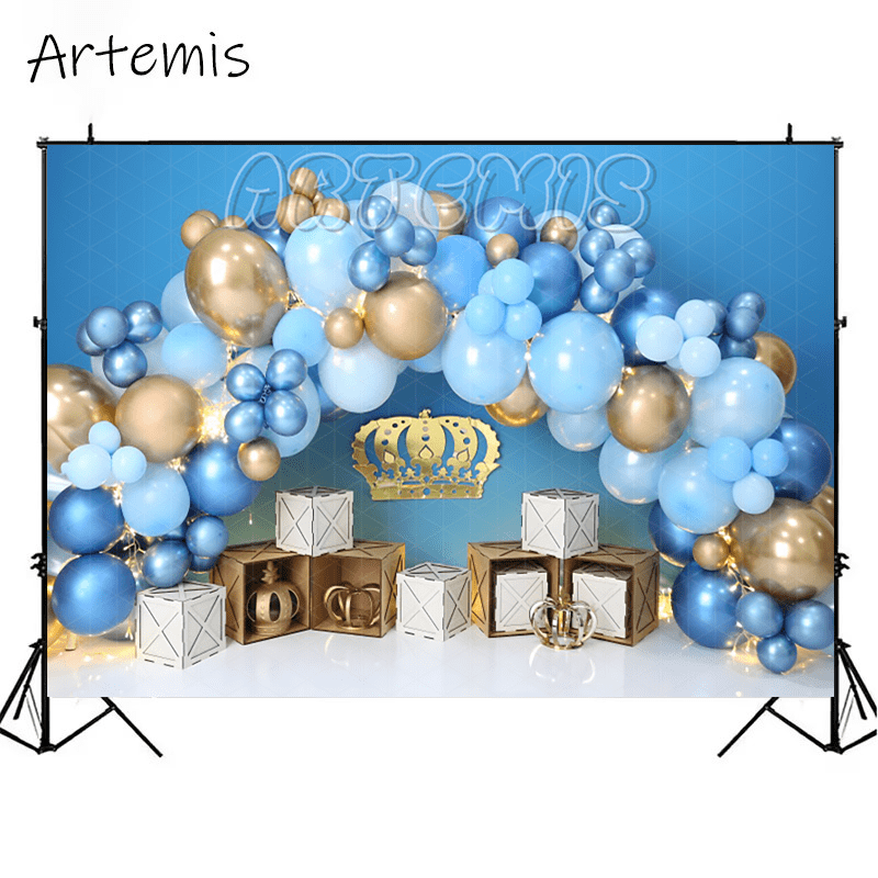 Baby's Birthday Cake Smash Photography Backdrop Blue Golden Balloons ...