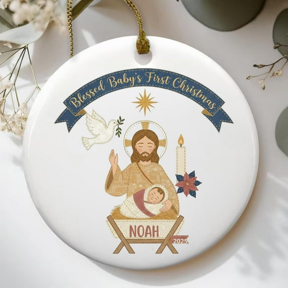 Baby’s First Christmas “Blessed” Boy Ornament 2025, Personalized Bear ...