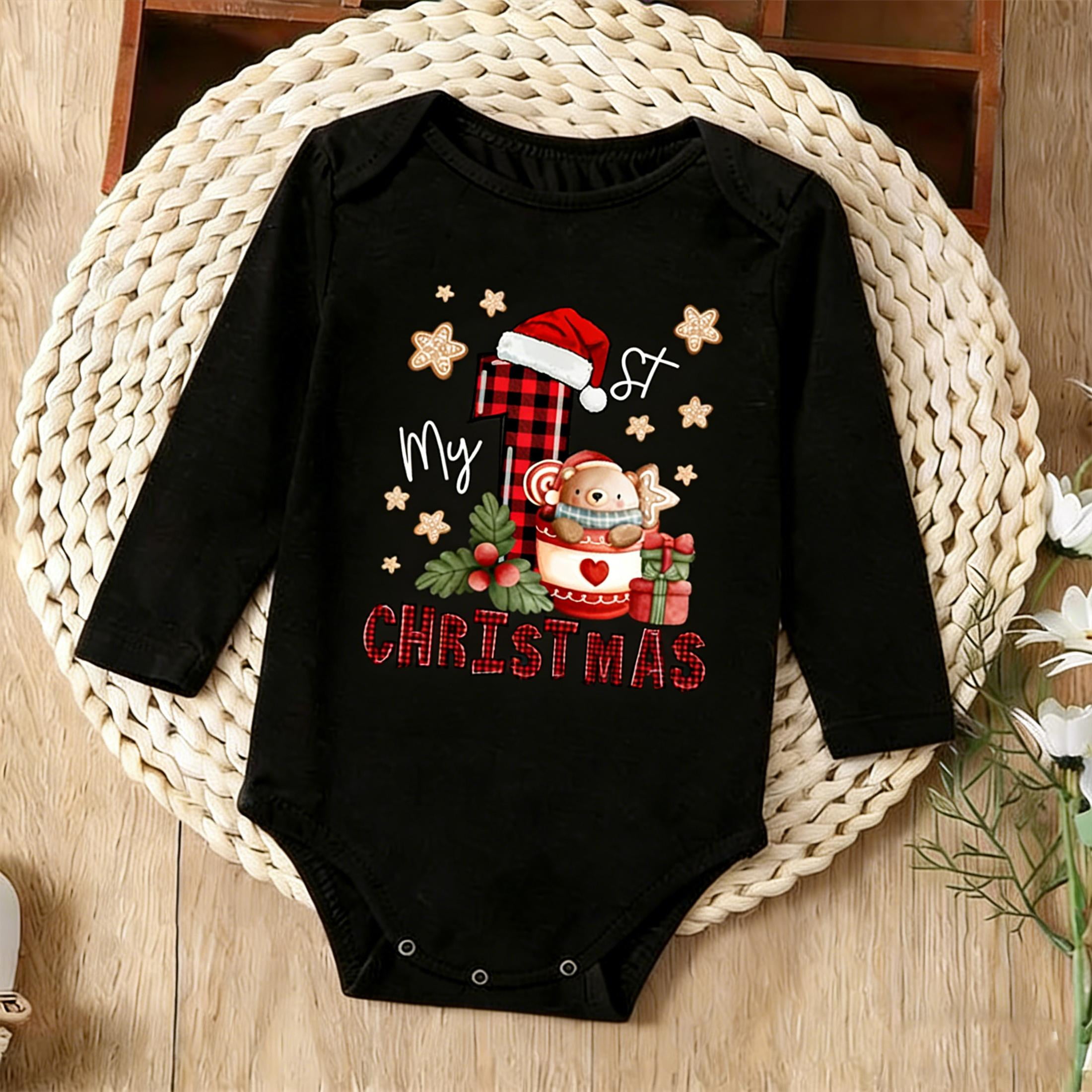 Baby's First Christmas Bodysuit - Santa & Reindeer Print, Long Sleeve ...