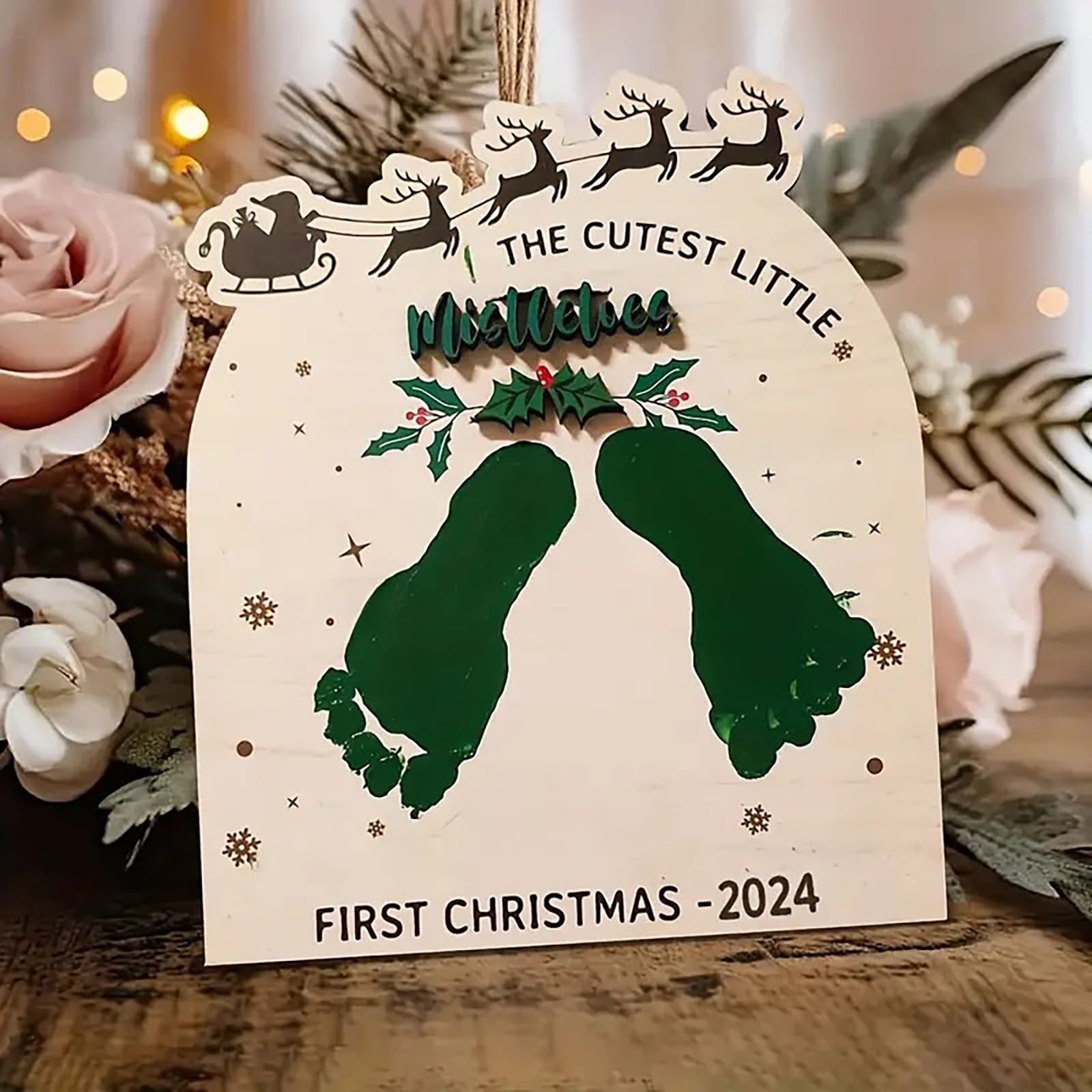 Baby's First DIY Christmas Footprint Art Wooden Mistletoe Craft ...