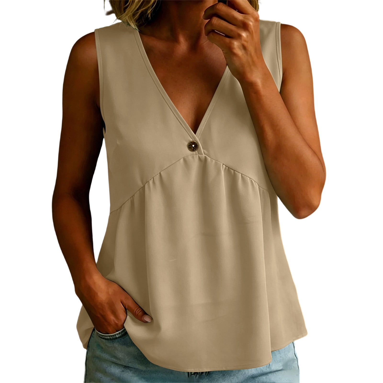 Babydoll Tops for Women 2026 Trendy Summer Sleeveless Button V Neck ...
