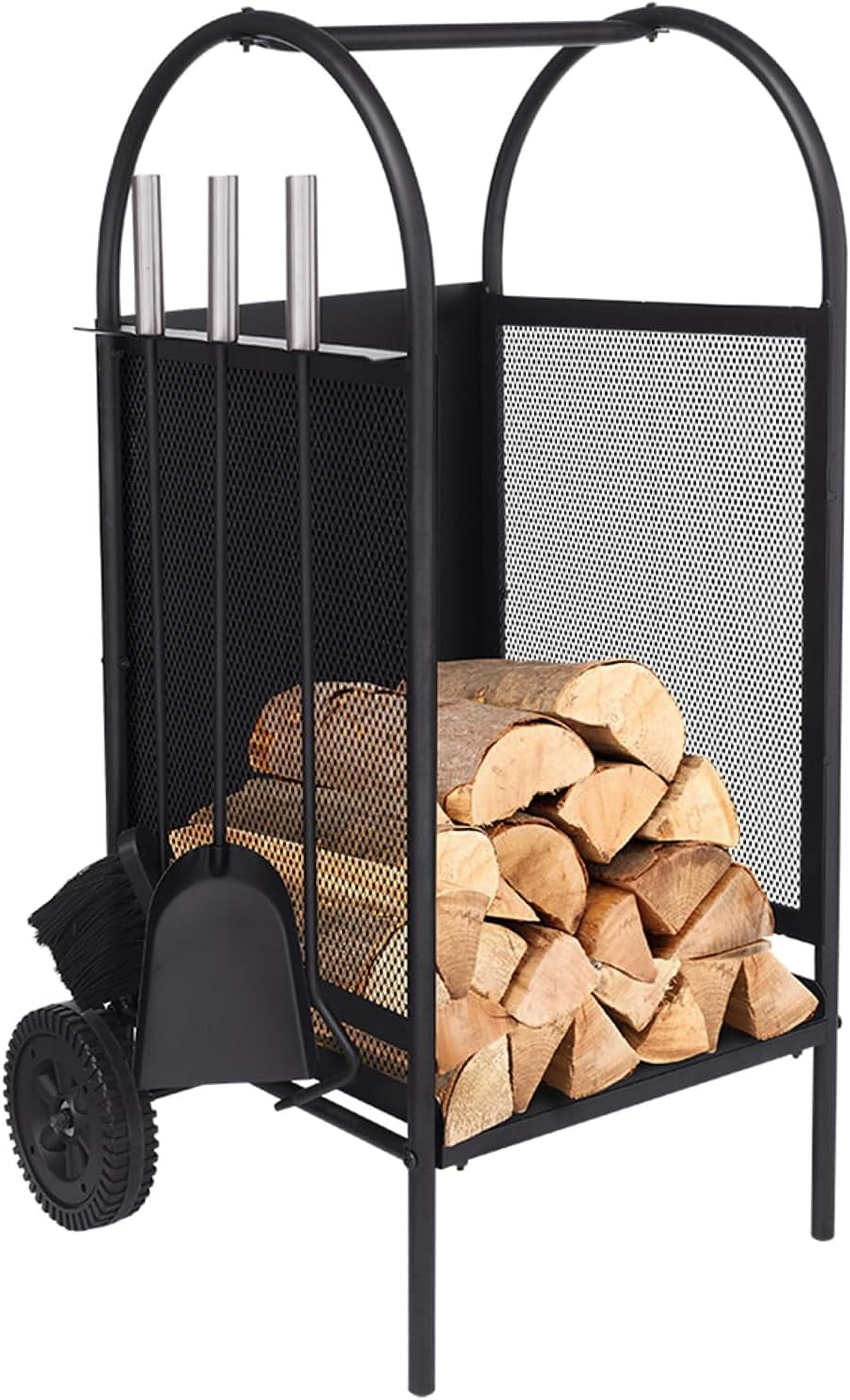 Babylon Wheeled Firewood Rack with Fireplace Tools, Fireplace Log Rack ...