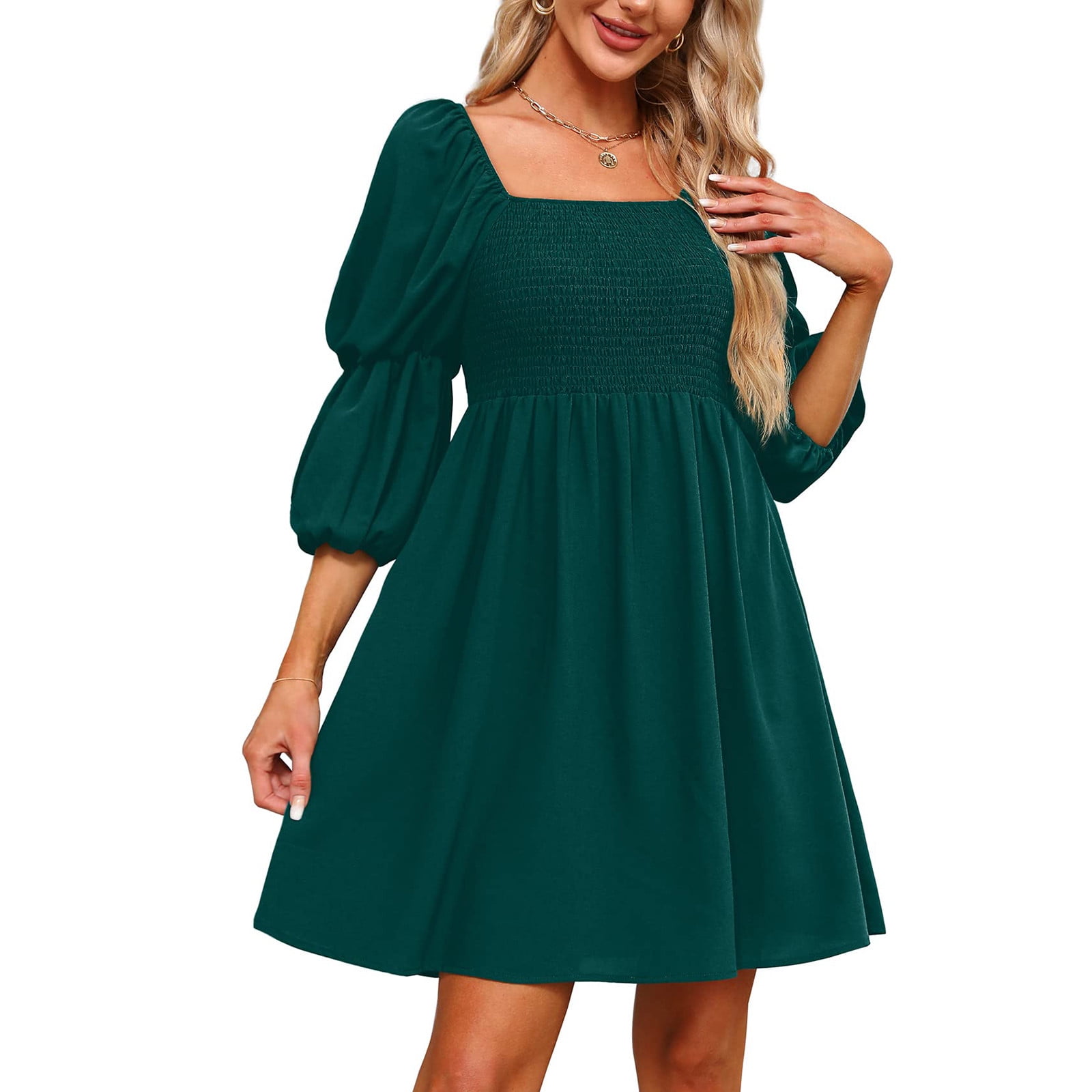 Babysbule Dresses For Women Ladies Solid Casual Square Neck Puff 3/4 ...