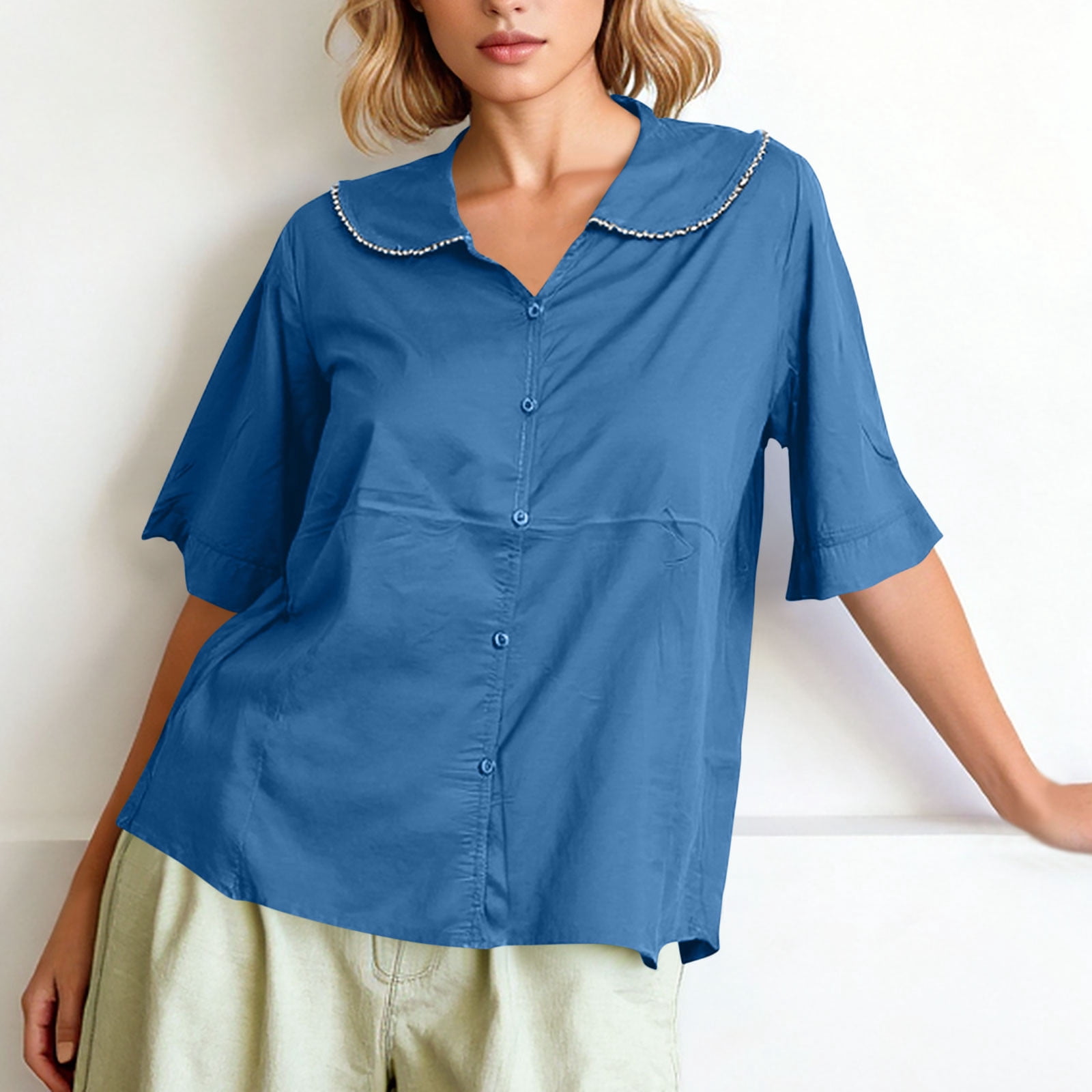 Babysbule Cute Round Collar V-Neck Button Front Ruffle Cuff Blouse ...