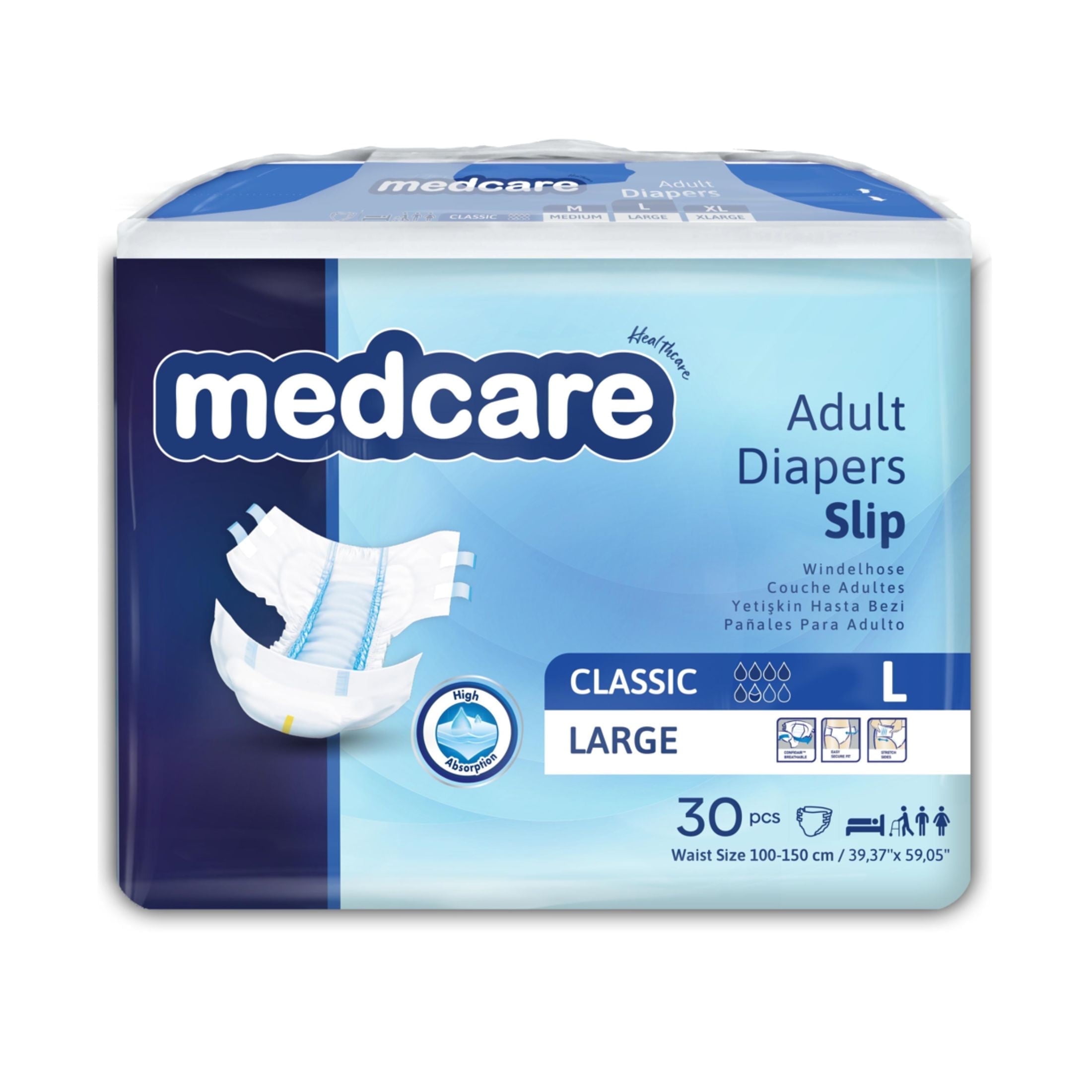 Medcare Adult Diapers Slip Large (39.37" – 59.05") – Soft, Absorbent ...