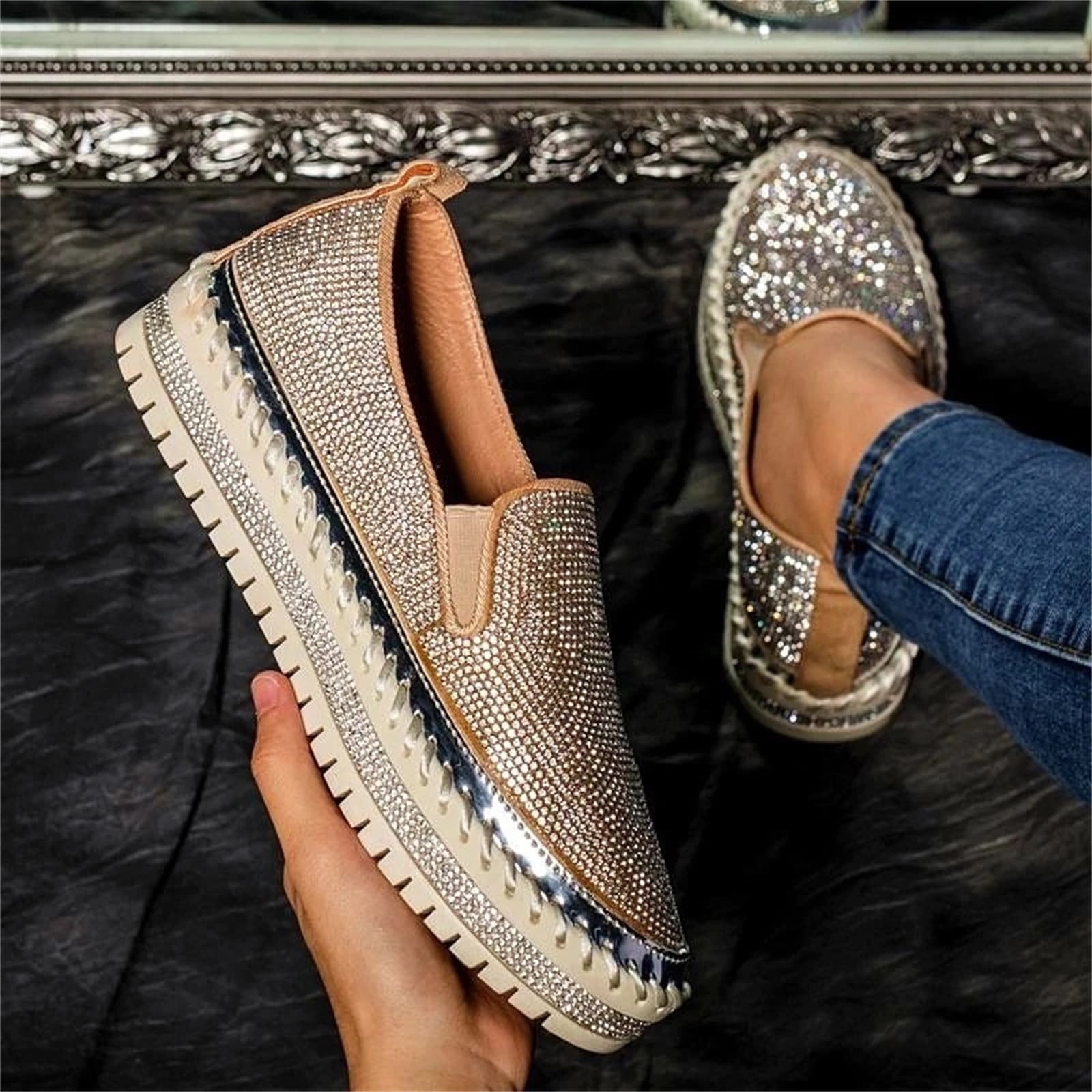 Babysbule Shoes for Women Fashion Ladies Rhinestone Flat Sole Single ...