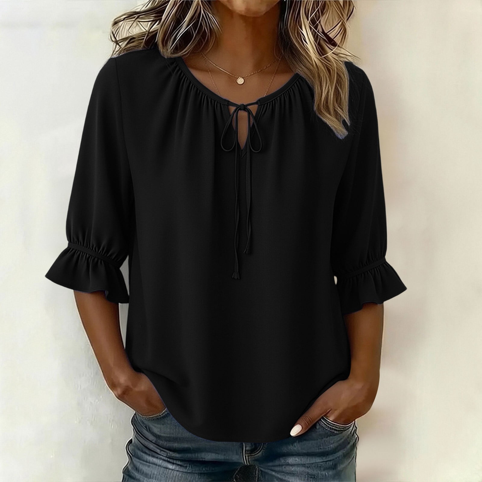 Babysbule Tie Neck Ruffle Trim Elbow-Length Sleeve Blouse Women's ...