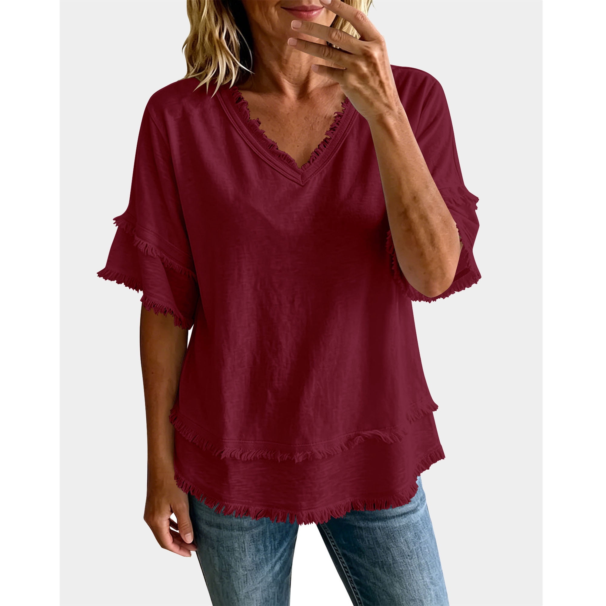Babysbule Women Fringe Trim V Neck Blouse Tiered Short Sleeve Loose Fit ...