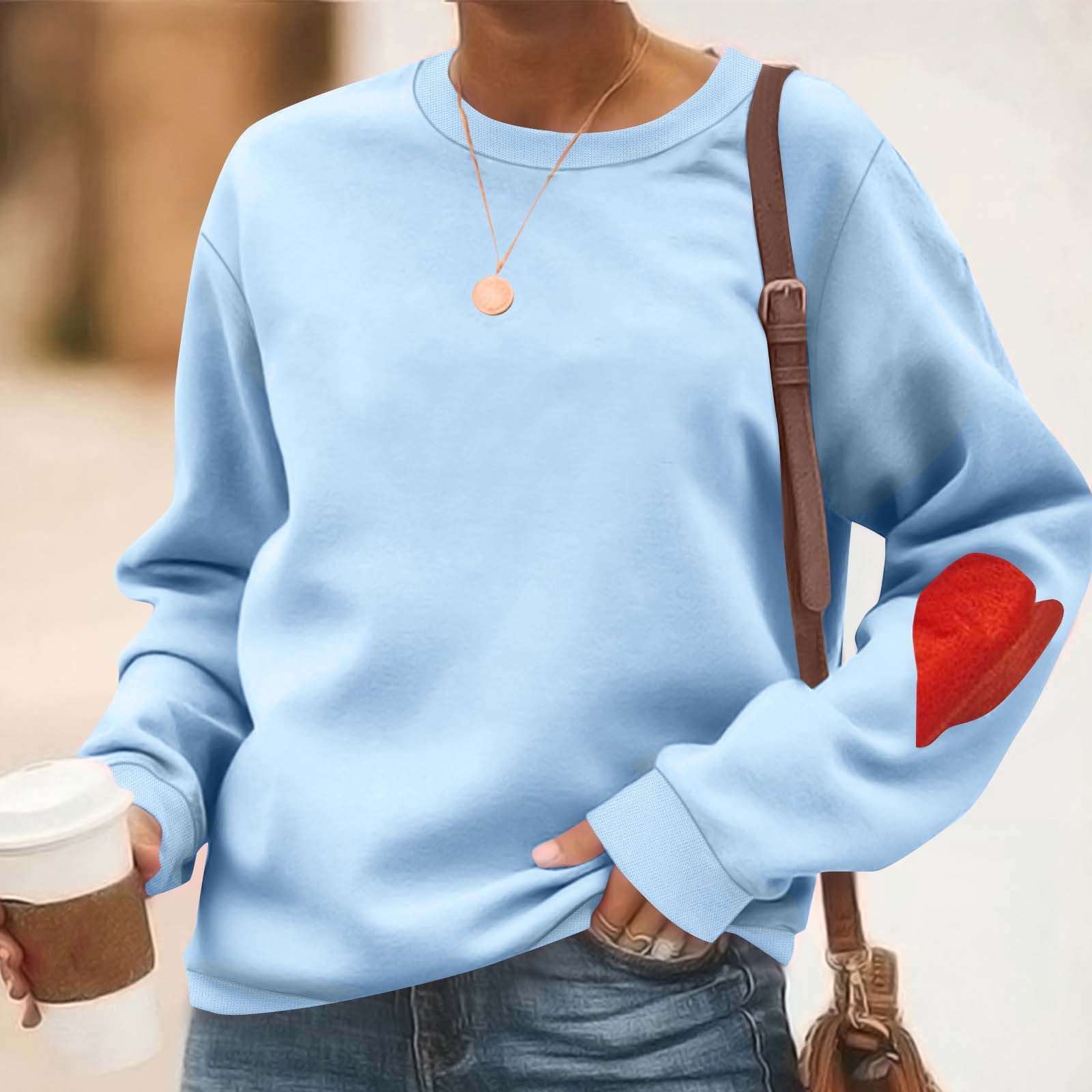 Babysbule Women Hoodless Sweatshirt Long Sleeve Cute Heart Elbow Patch ...