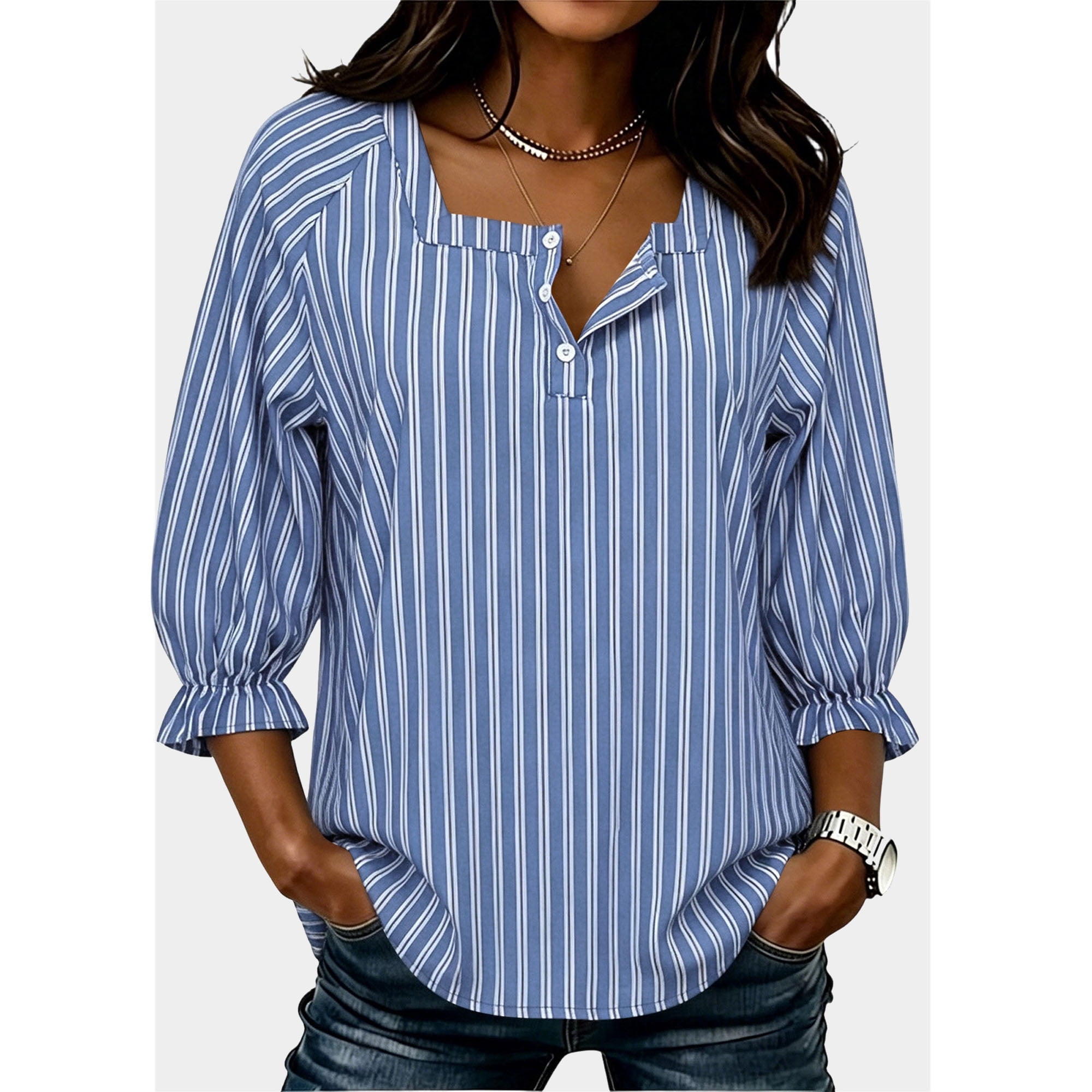 Babysbule Women Square Neck Striped Blouse Ruffle 3/4 Sleeve Loose Fit ...