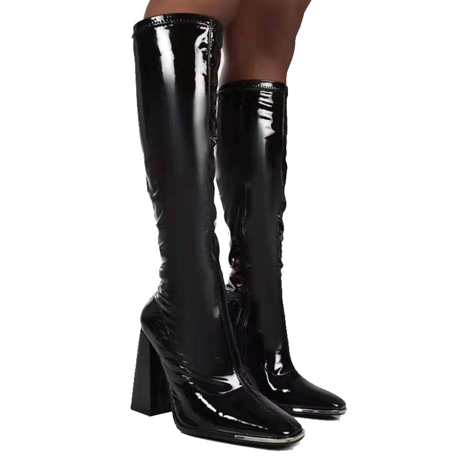 Babysbule Women's Boot Fashion Women's Head Thick Heel Bright Leather ...