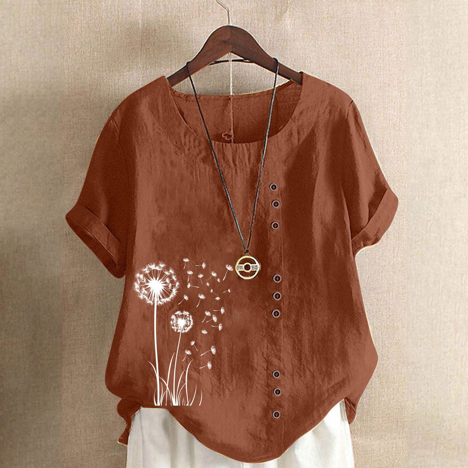 Babysbule Women's Tops Women Buttons Round Neck Short Sleeve Floral Print Buttons Cotton Linen ...