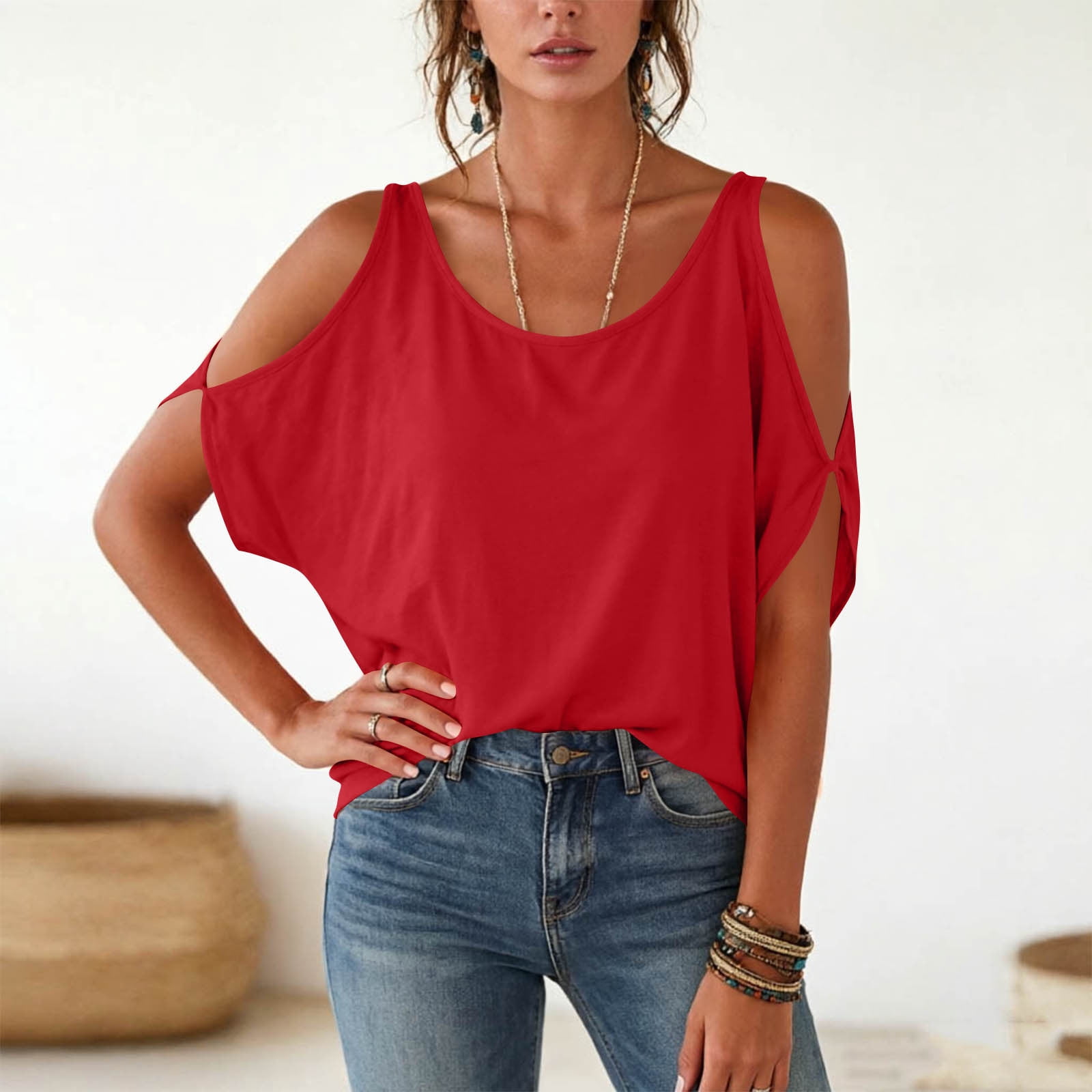 Babysbule Women's Cold Shoulder Batwing Sleeve Crew Neck T-Shirt ...