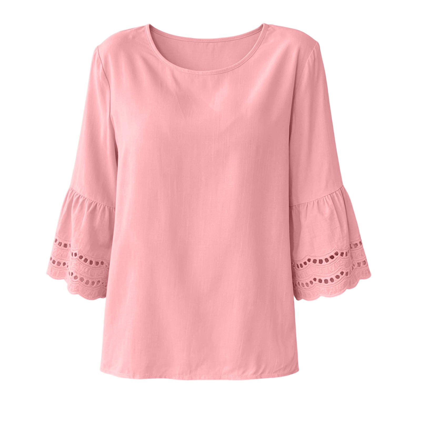 Babysbule Women's Crew Neck Bell 3/4 Sleeve Lace Trim Cotton Linen ...