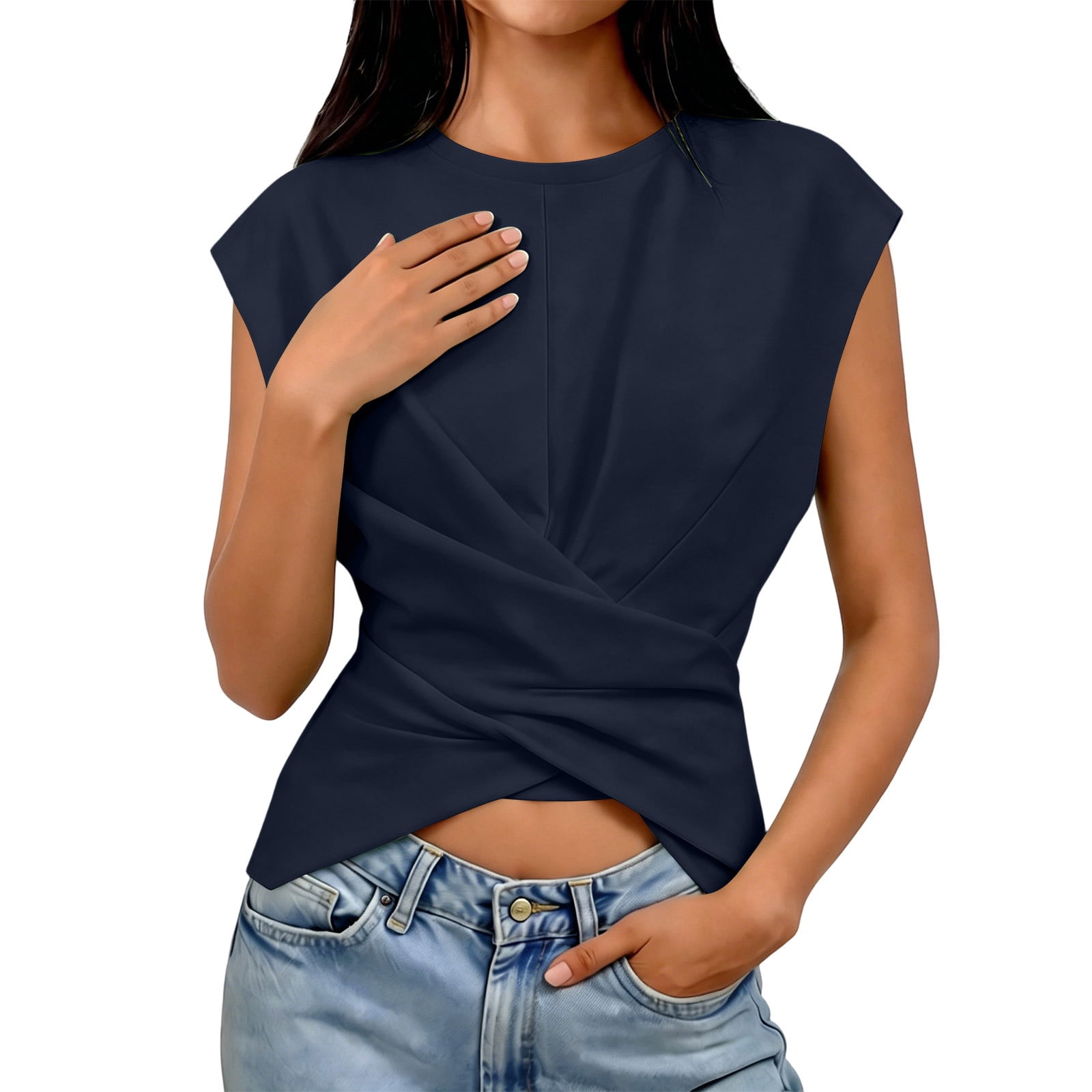 Babysbule Women's Crew Neck Cross Wrap Crop Top, Stylish Tie Back ...