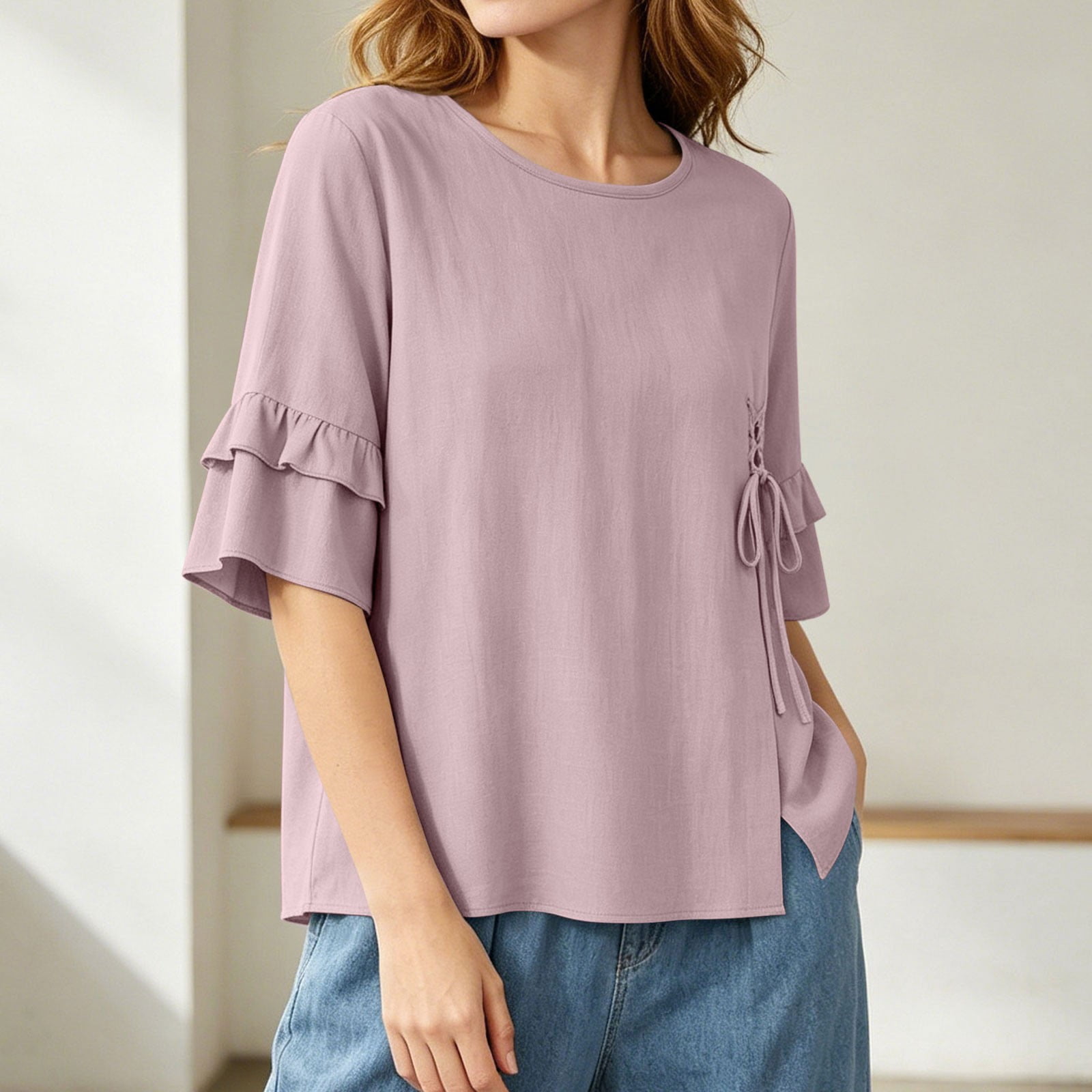 Babysbule Women's Crew Neck Double Ruffle Bell 3/4 Sleeve Side Lace Up ...