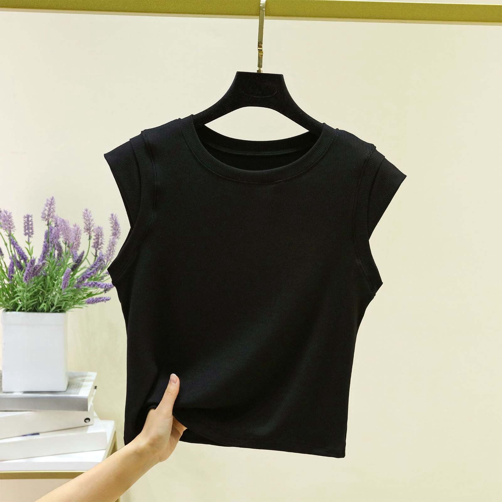 Babysbule Women's Crew Neck Sleeveless Crop Top, Ribbed Solid Casual ...