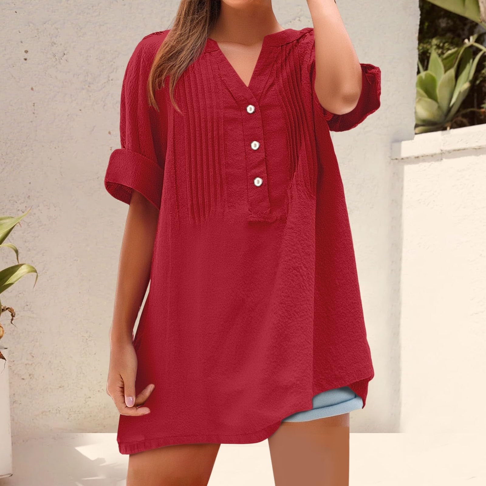 Babysbule Women's Linen Shirt 3/4 Sleeve V-Neck Pleated Blouse Summer ...