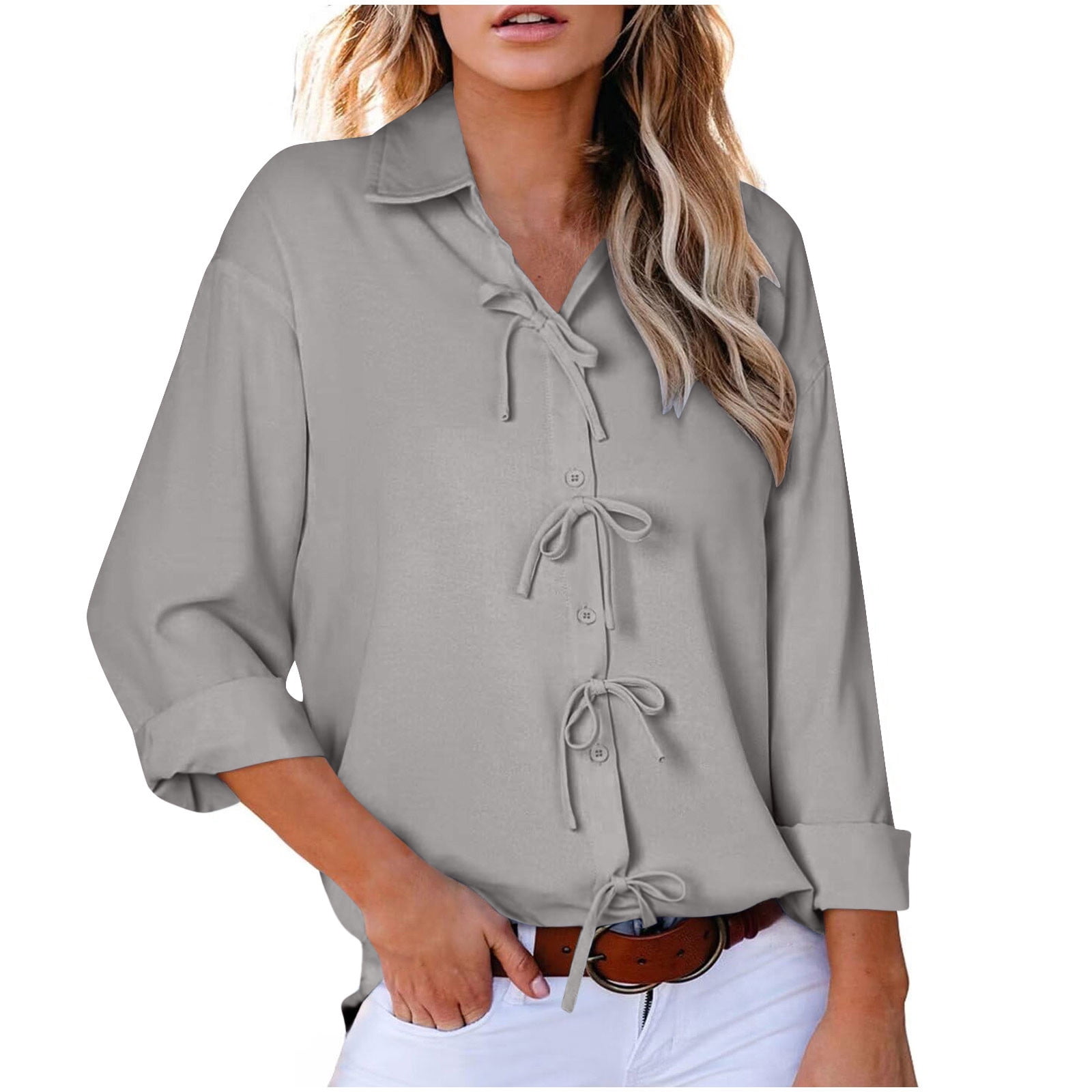 Babysbule Women's Long Sleeve Blouse Solid Color Button Down Shirt Bow ...