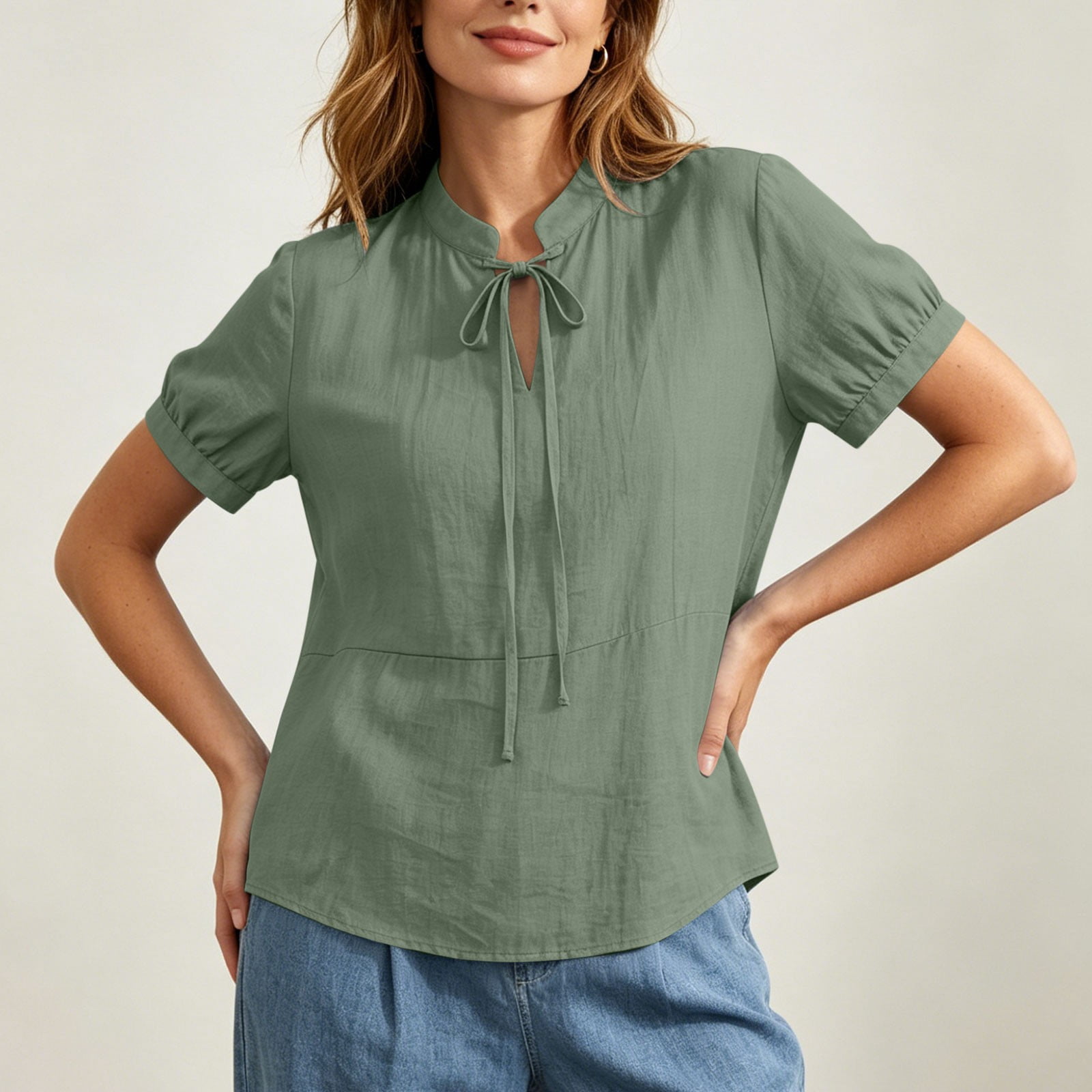 Babysbule Women's Mandarin Collar Keyhole Tie Front Puff Short Sleeve ...